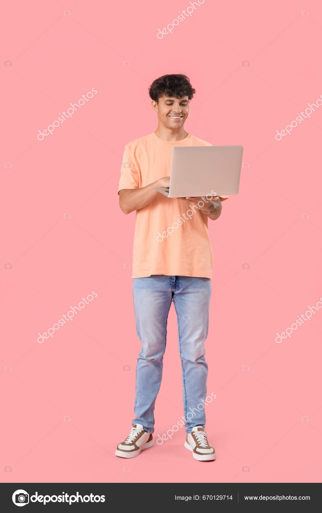 Male Programmer Working Computer Pink Background — Stock Photo ...