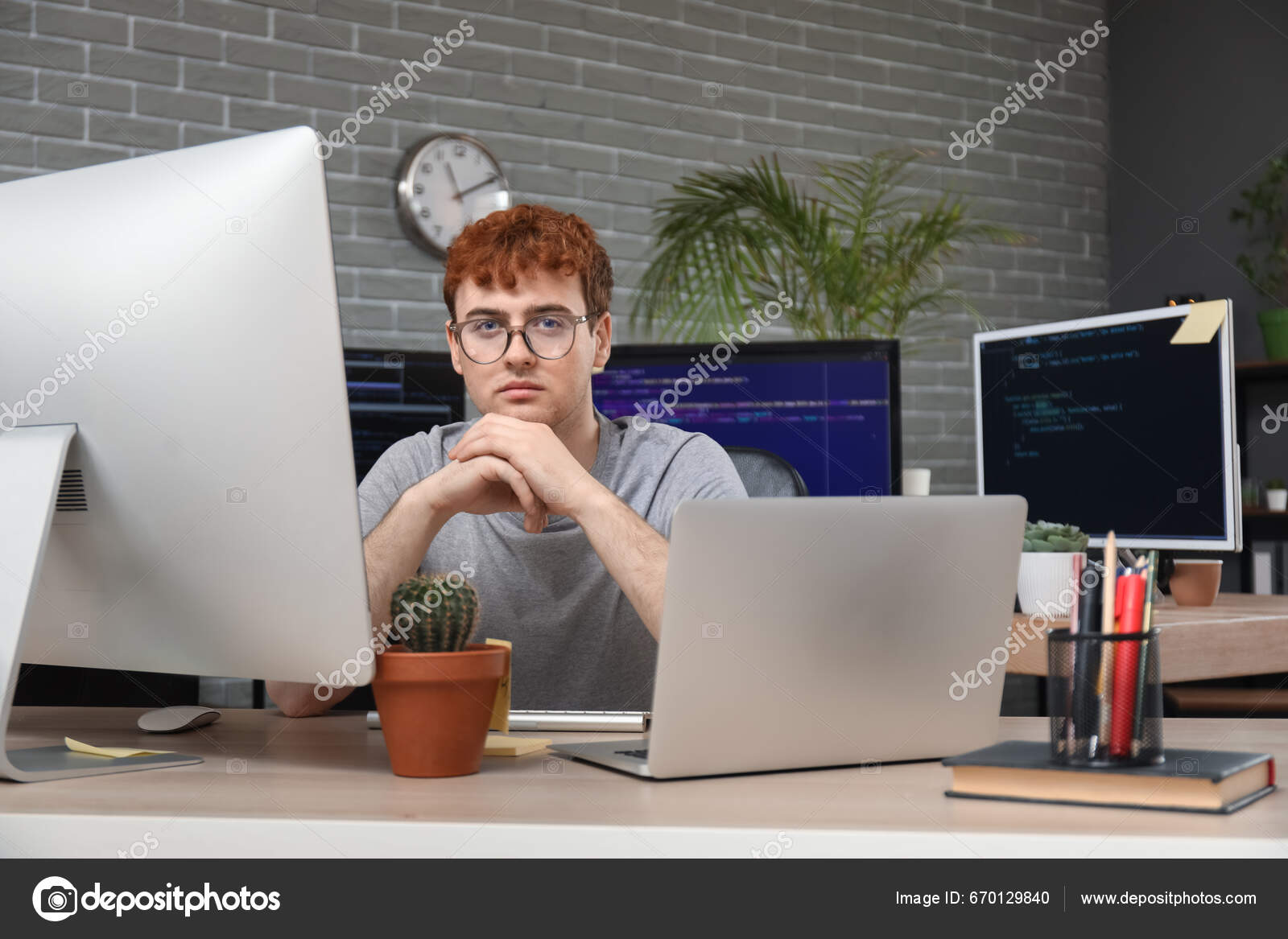 Male Programmer Working Computer Table Office — Stock Photo © serezniy ...