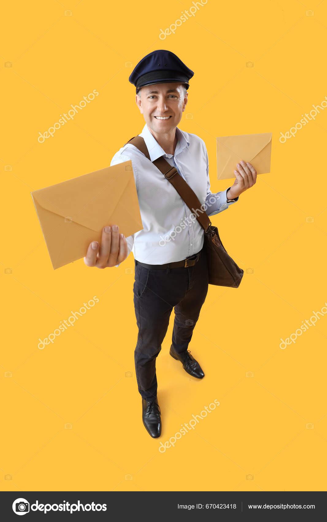 Mature Postman Envelopes Yellow Background Stock Photo by ©serezniy ...