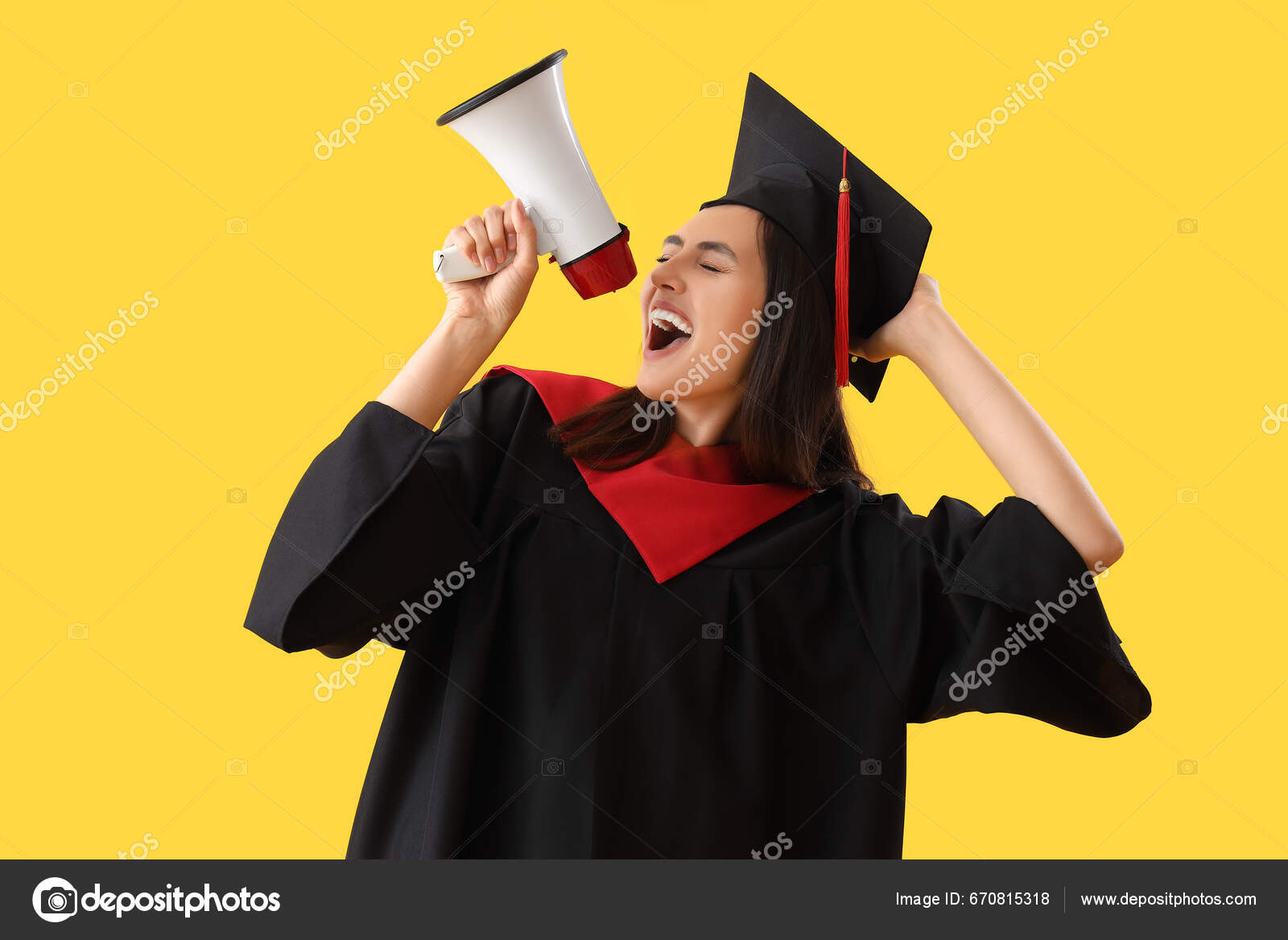 Female Graduate Student Shouting Megaphone Yellow Background — Stock ...