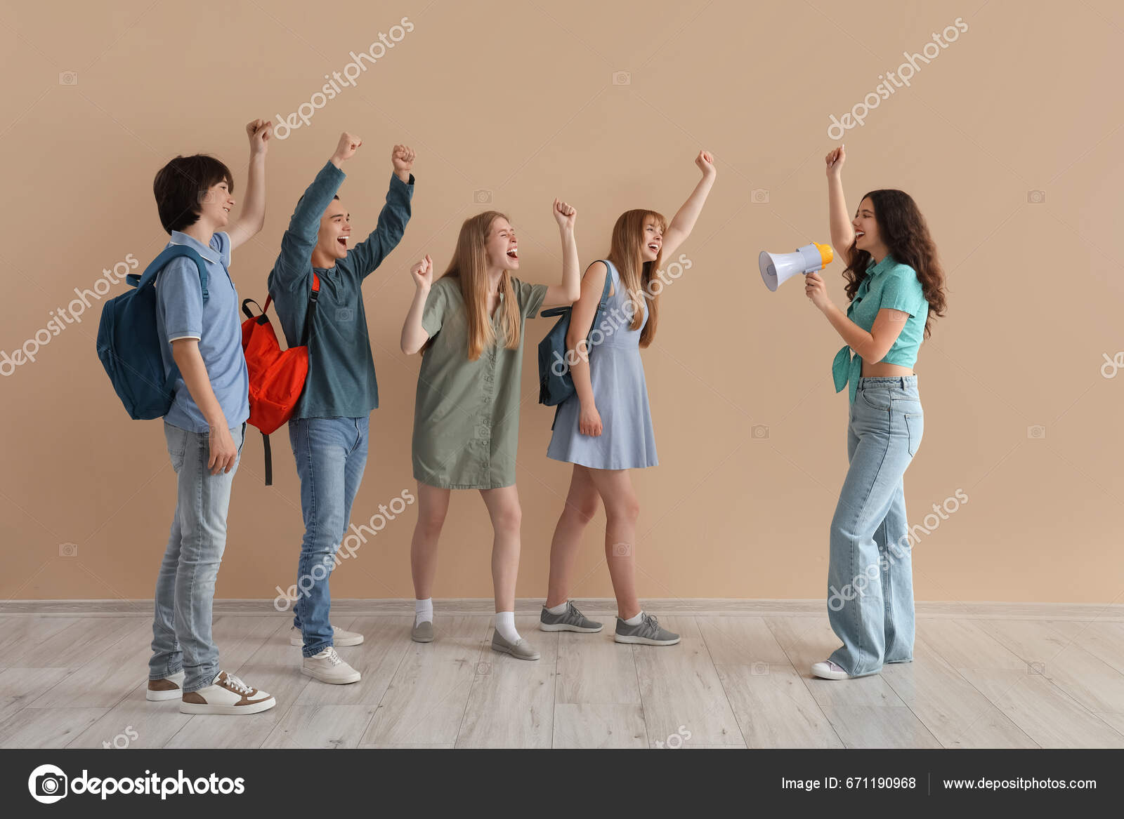 Group Students Megaphone Shouting Beige Wall — Stock Photo © serezniy ...