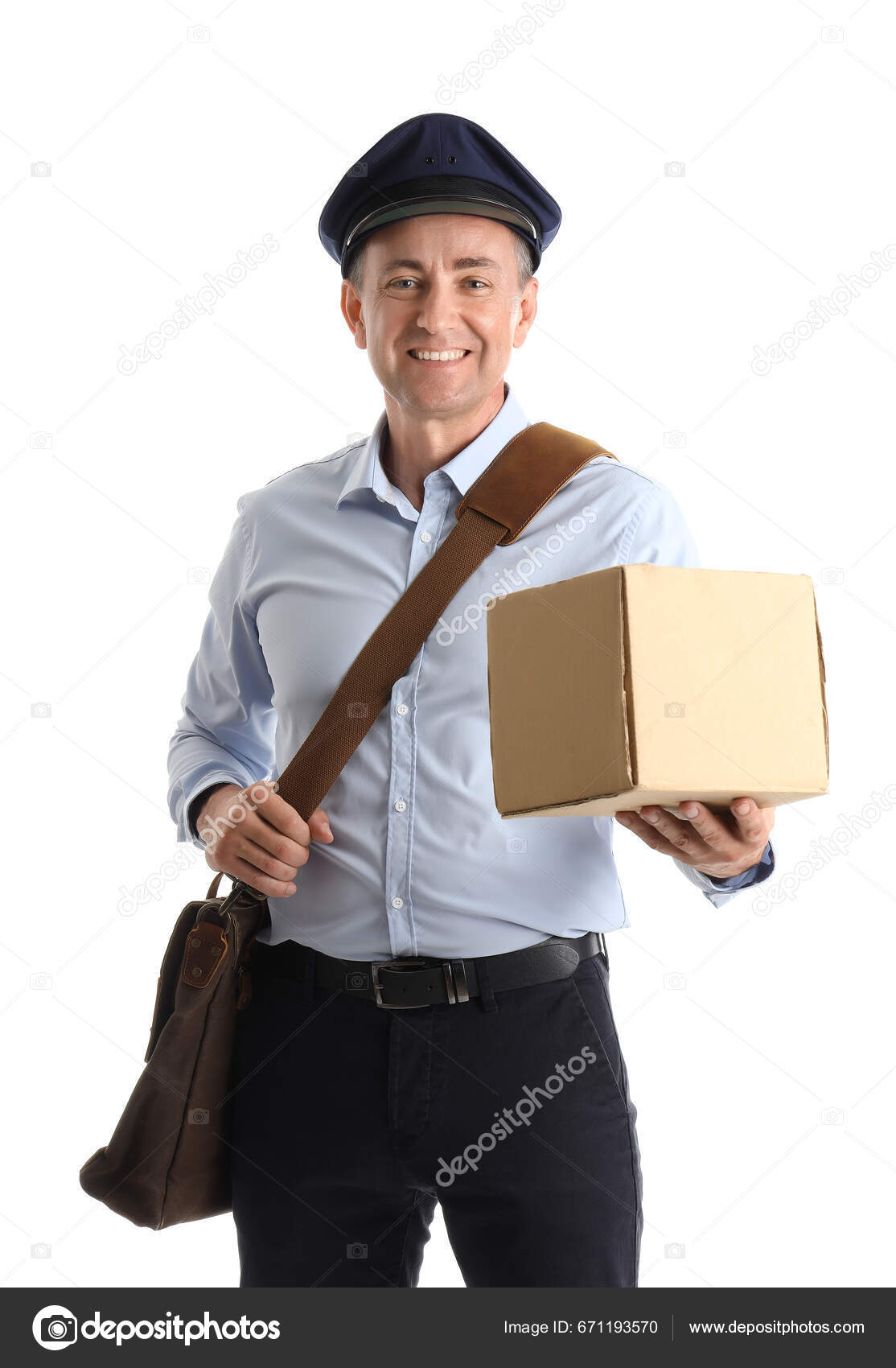 Mature Postman Parcel White Background — Stock Photo © serezniy #671193570