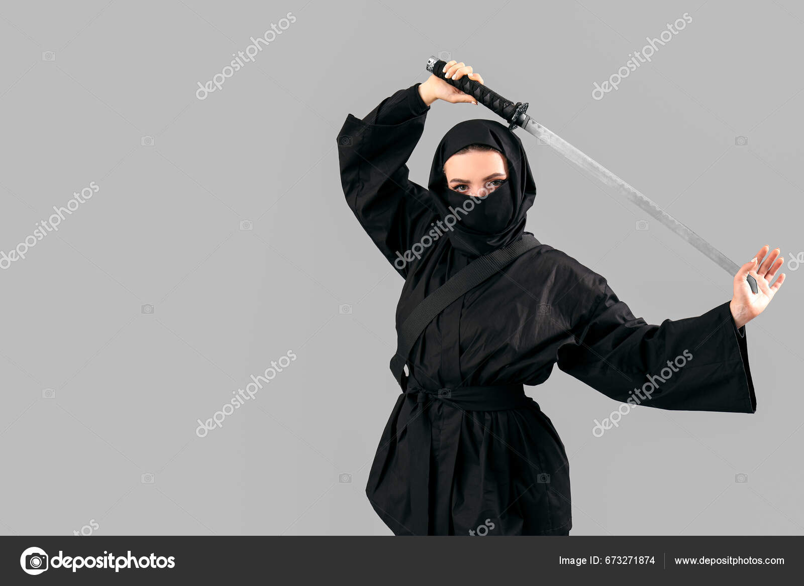 Female Ninja Sword Grey Background — Stock Photo © serezniy #673271874
