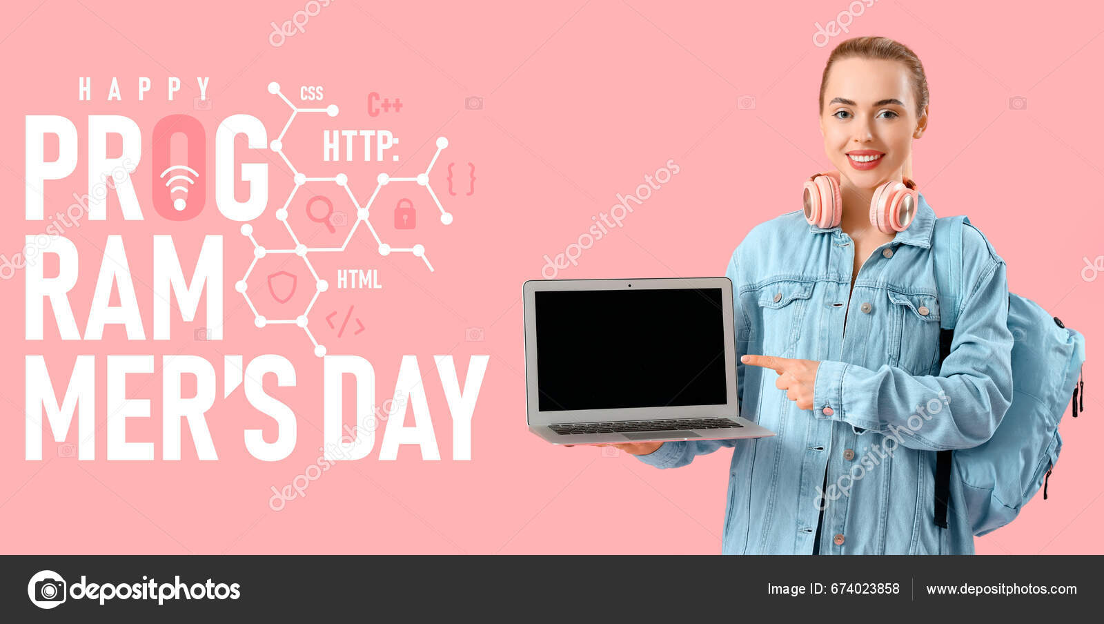Female Student Laptop Text Happy Programmer's Day Pink Background ...