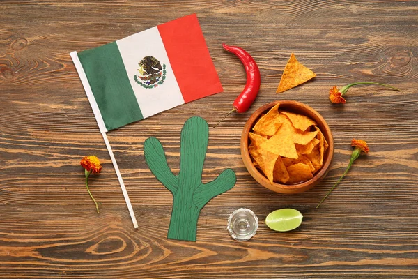Composition Mexican Symbols Nachos Independence Day Blue Background ...