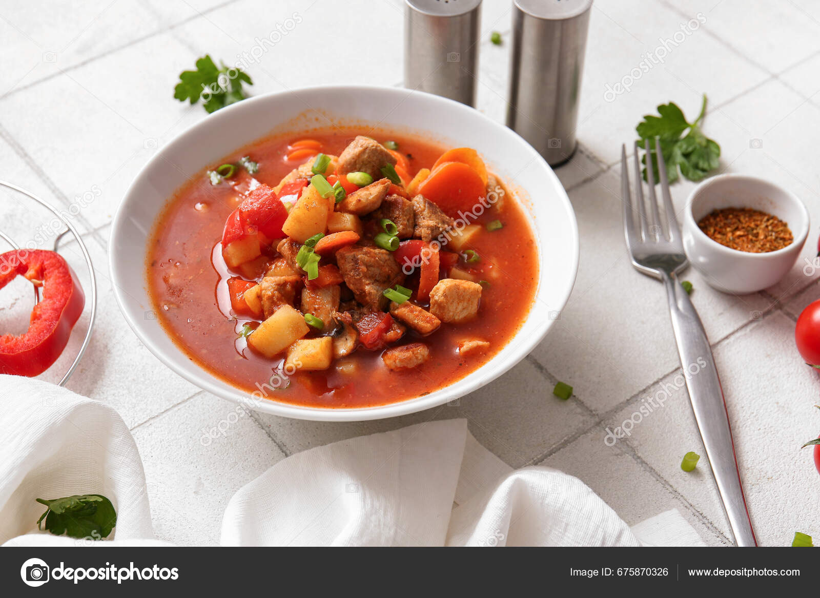 Bowl Tasty Beef Stew White Tile Background Stock Photo by ©serezniy ...