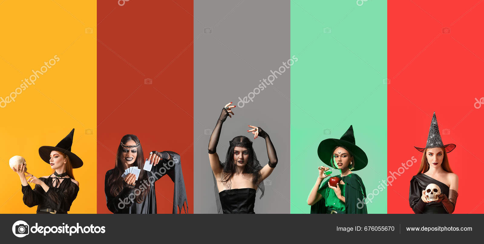 Collage Young Witches Color Background — Stock Photo © serezniy #676055670