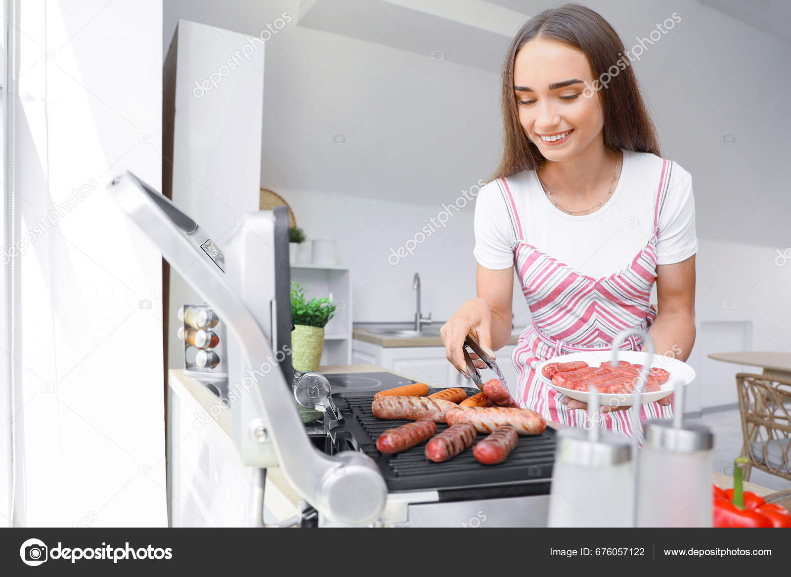 Beautiful Young Woman Cooking Delicious Sausages Modern Electric Grill Kitchen — Stock Photo ...