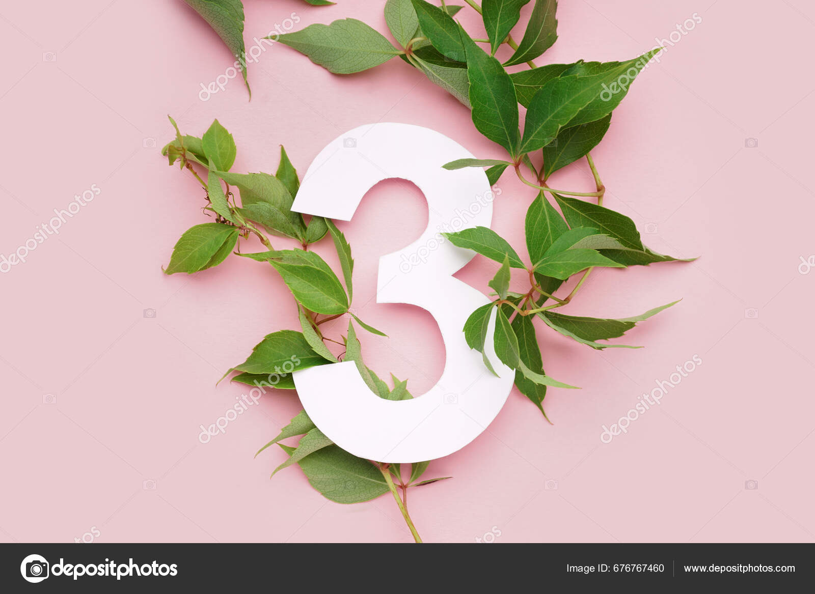 Green Leaves Paper Number Three Pink Background — Stock Photo ...