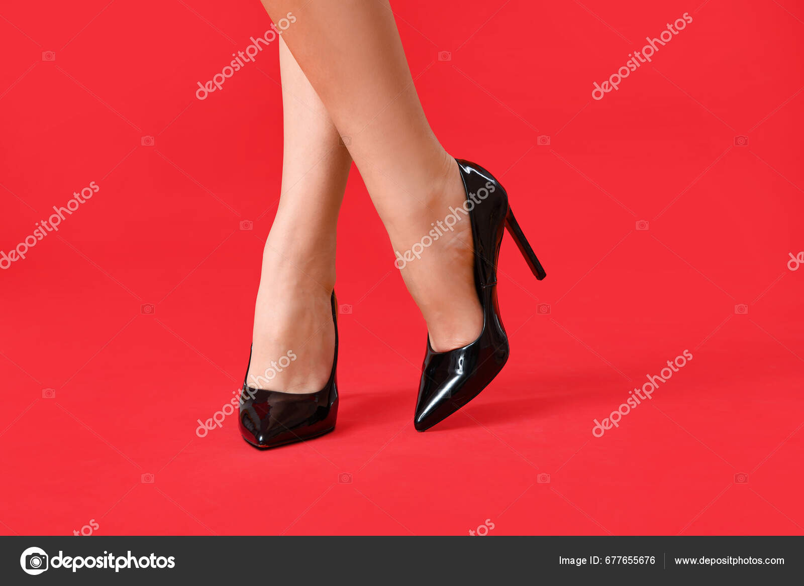 Female Legs Stylish Black High Heels Red Background Closeup — Stock ...