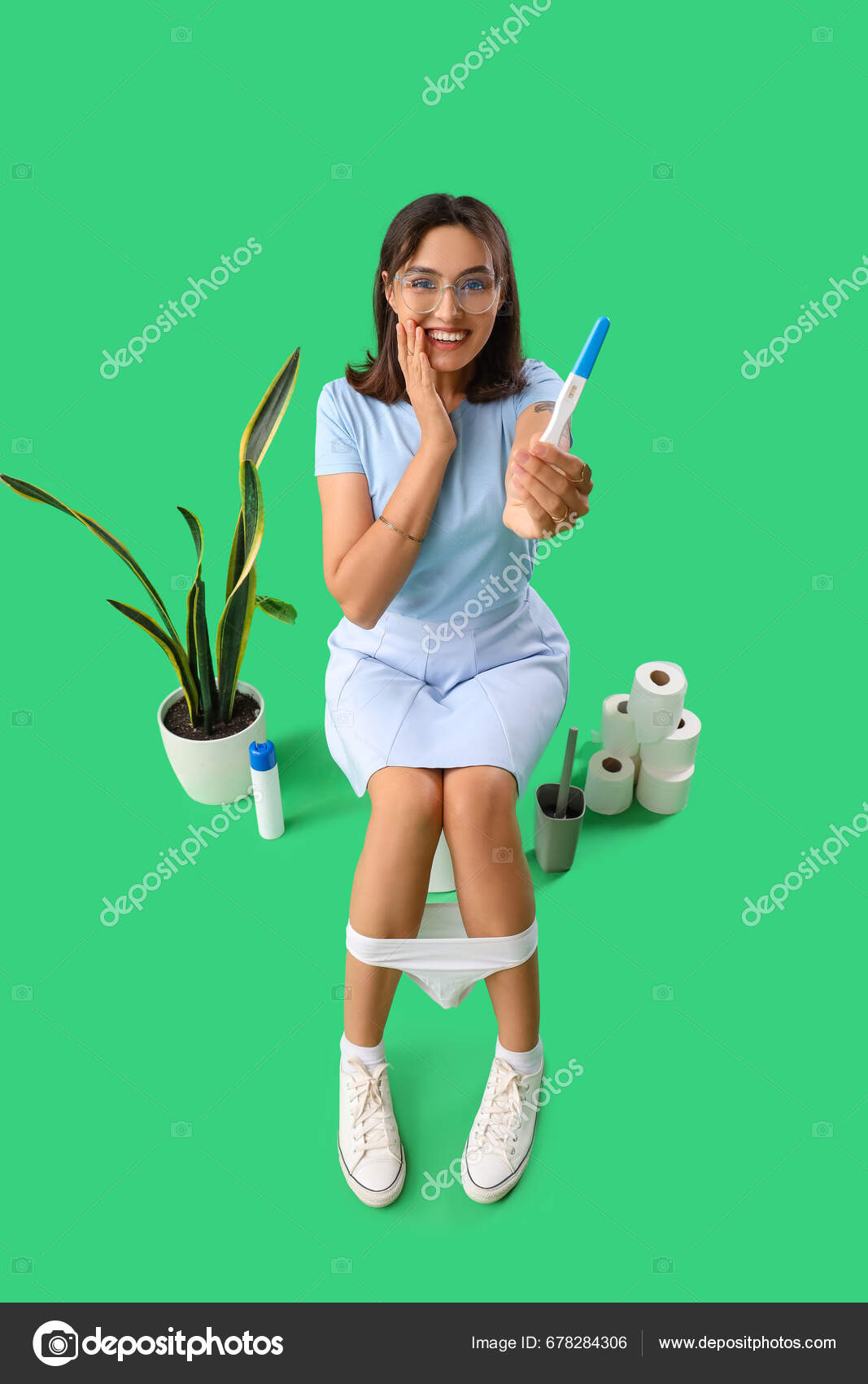 Happy Young Woman Pregnancy Test Sitting Toilet Bowl Green Background