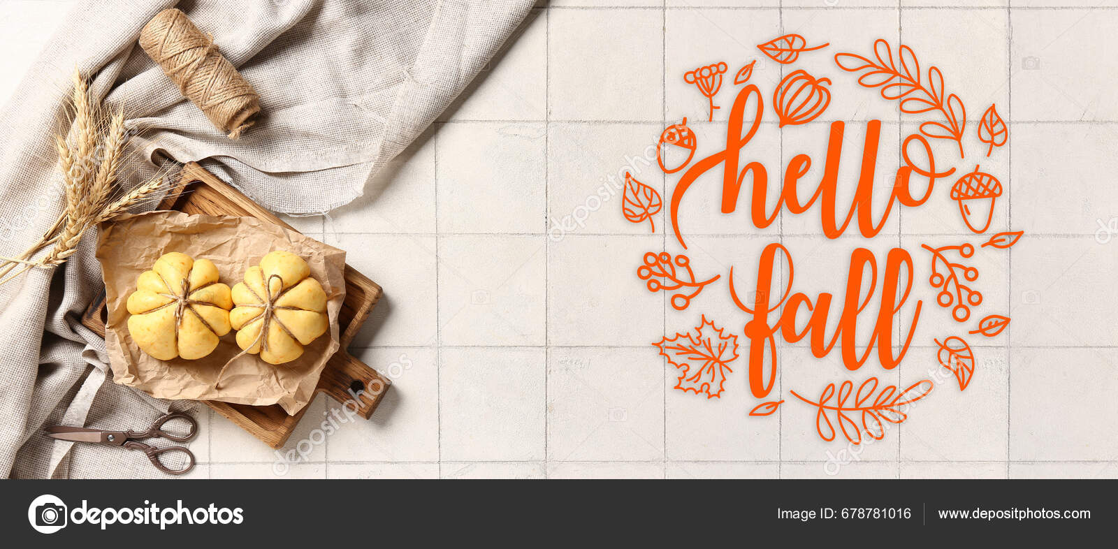 Banner Text Hello Fall Pumpkin Shaped Buns Light Background — Stock ...
