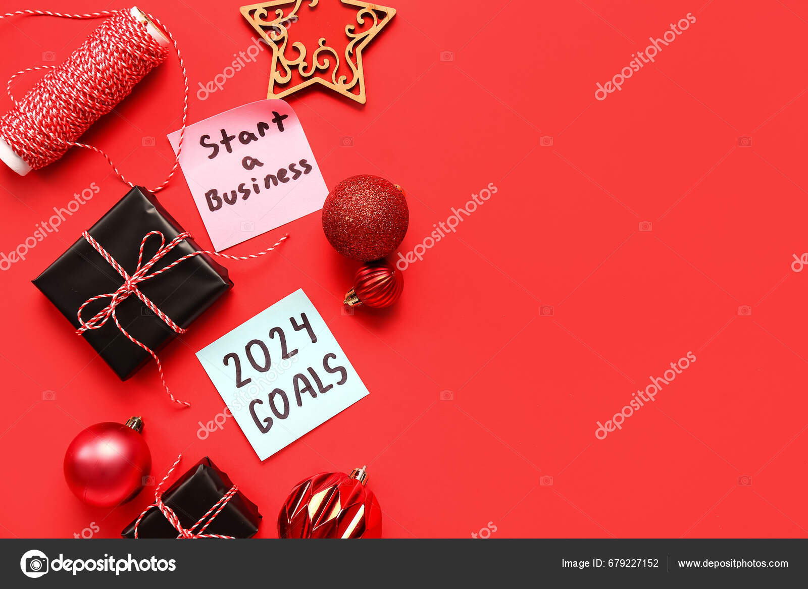 Sticky Notes Goals 2024 Gift Boxes Christmas Decorations Red Background ...