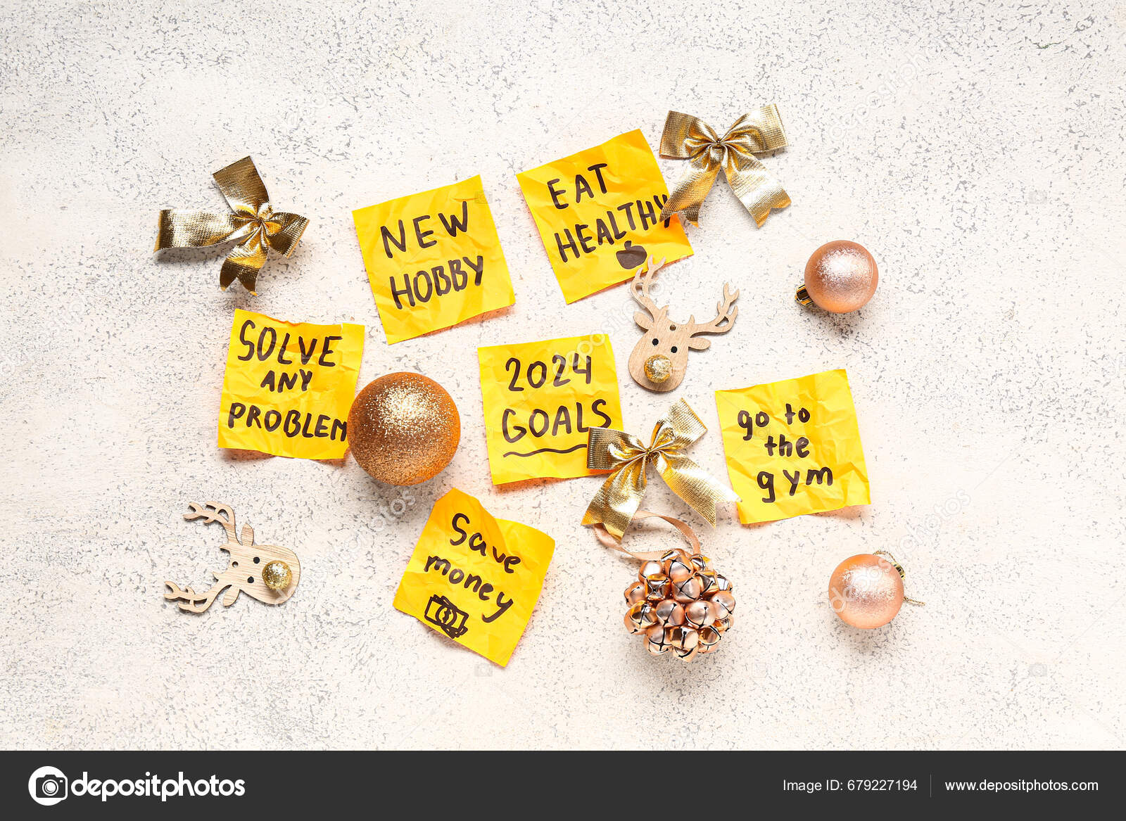 Sticky Notes Goals 2024 Christmas Decorations Grunge White Background ...