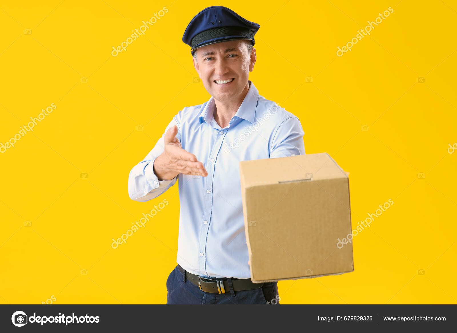 Mature Postman Parcel Yellow Background — Stock Photo © serezniy #679829326