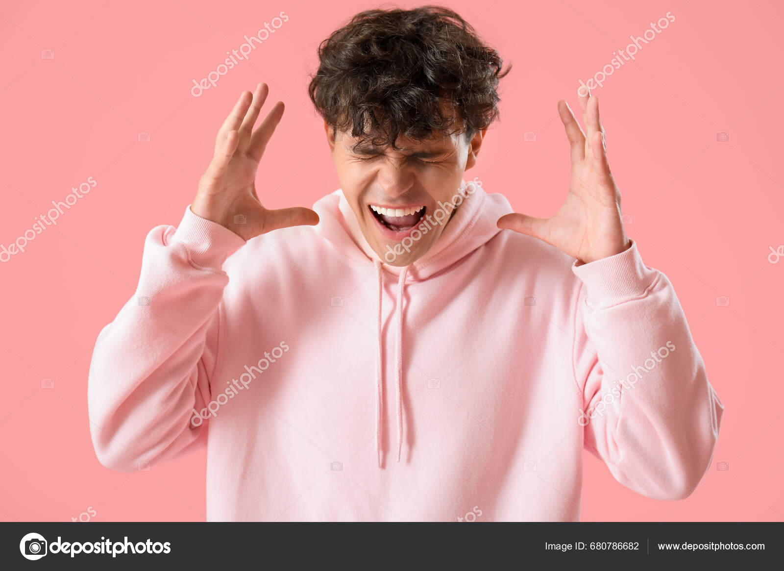 Portrait Angry Yelling Young Man Pink Background — Stock Photo ...