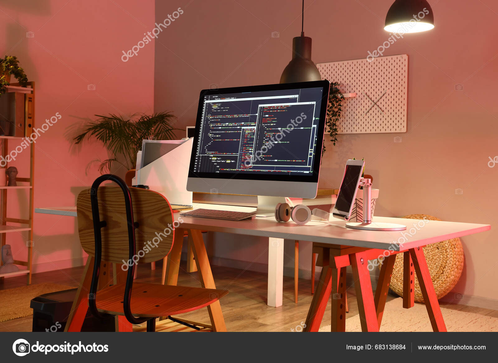 Programmer's Workplace Devices Interior Dark Office — Stock Photo ...