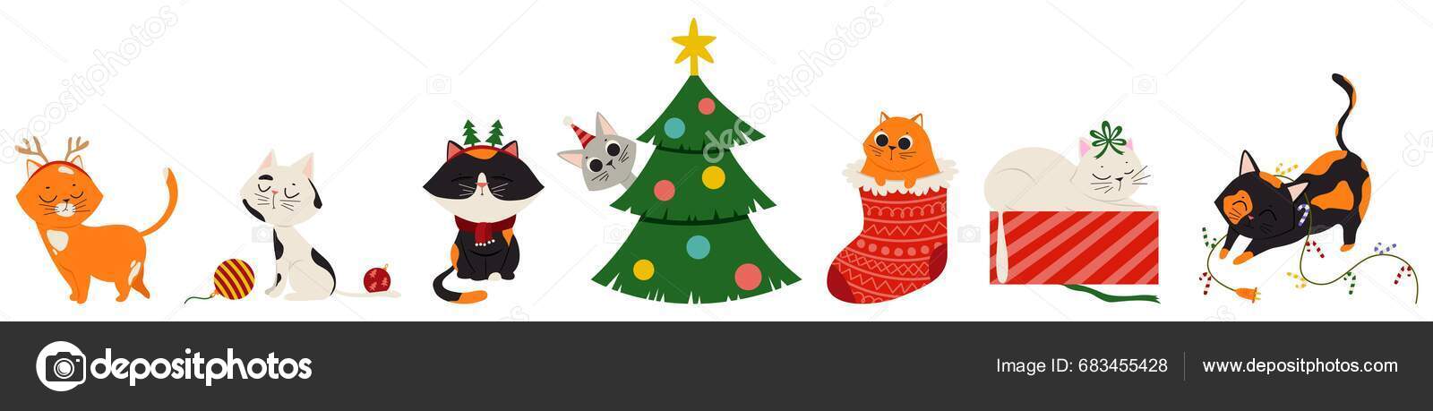 Set Christmas Clipart Cute Cats White Background Stock Vector by ...