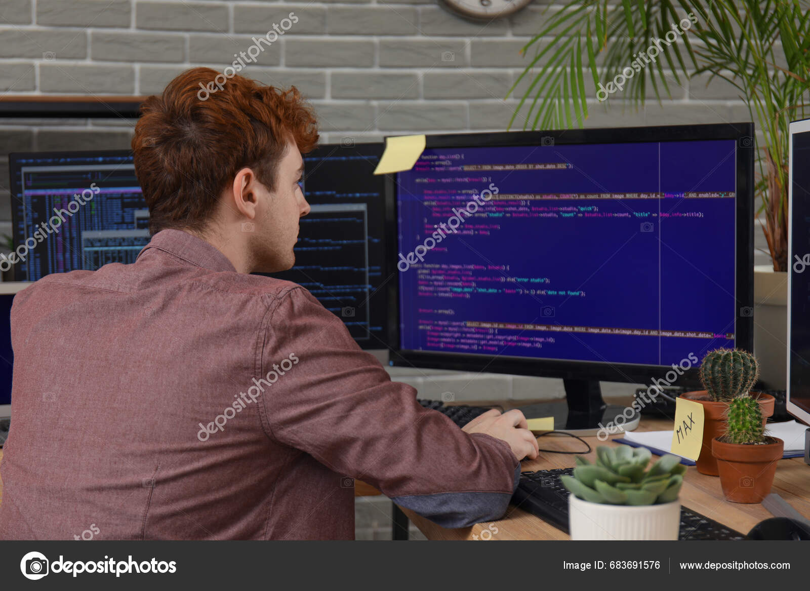Male Programmer Working Computer Table Office Back View Stock Photo by ©serezniy 683691576