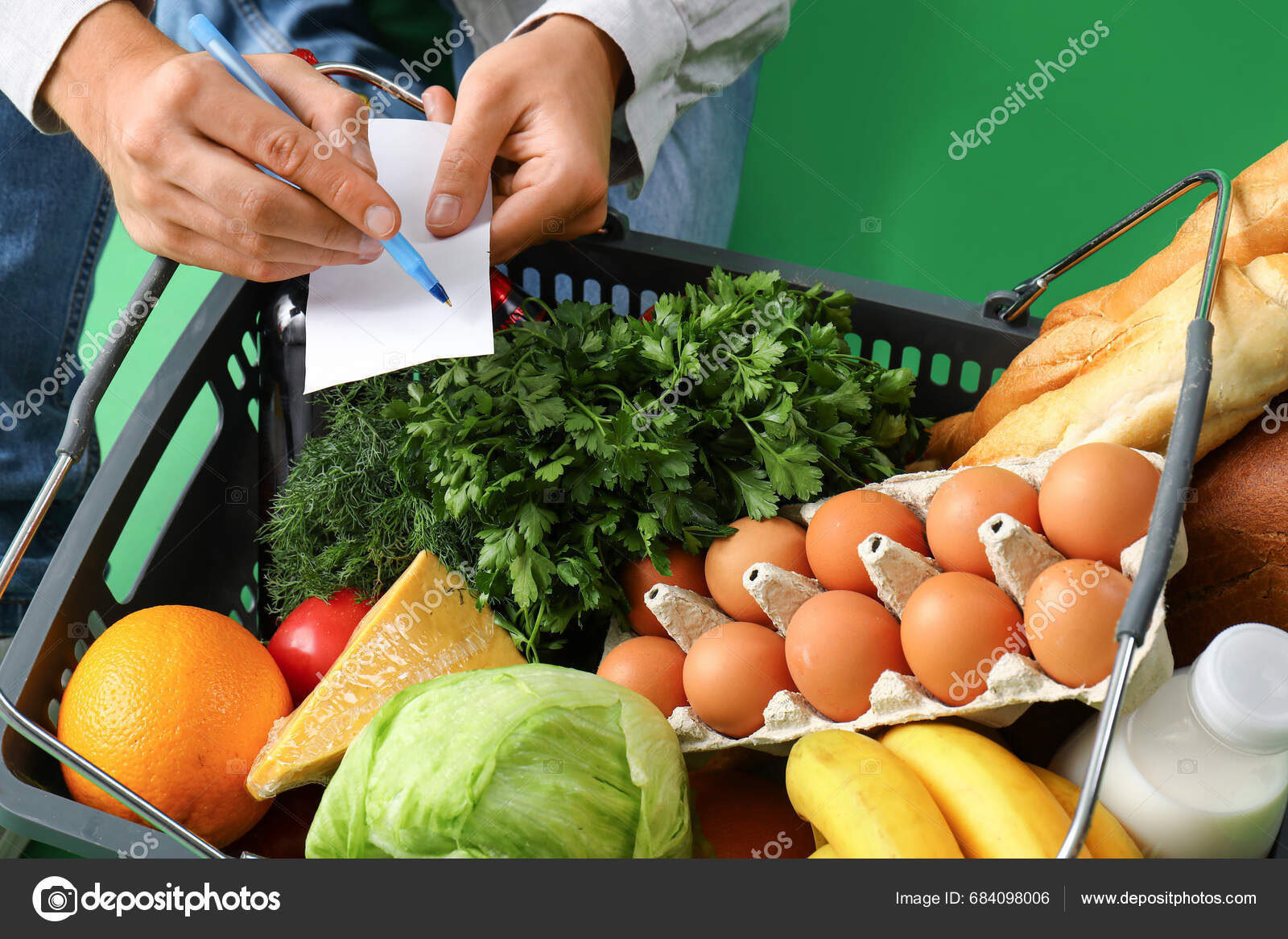 Man Shopping Basket Checking Grocery List Green Background — Stock ...