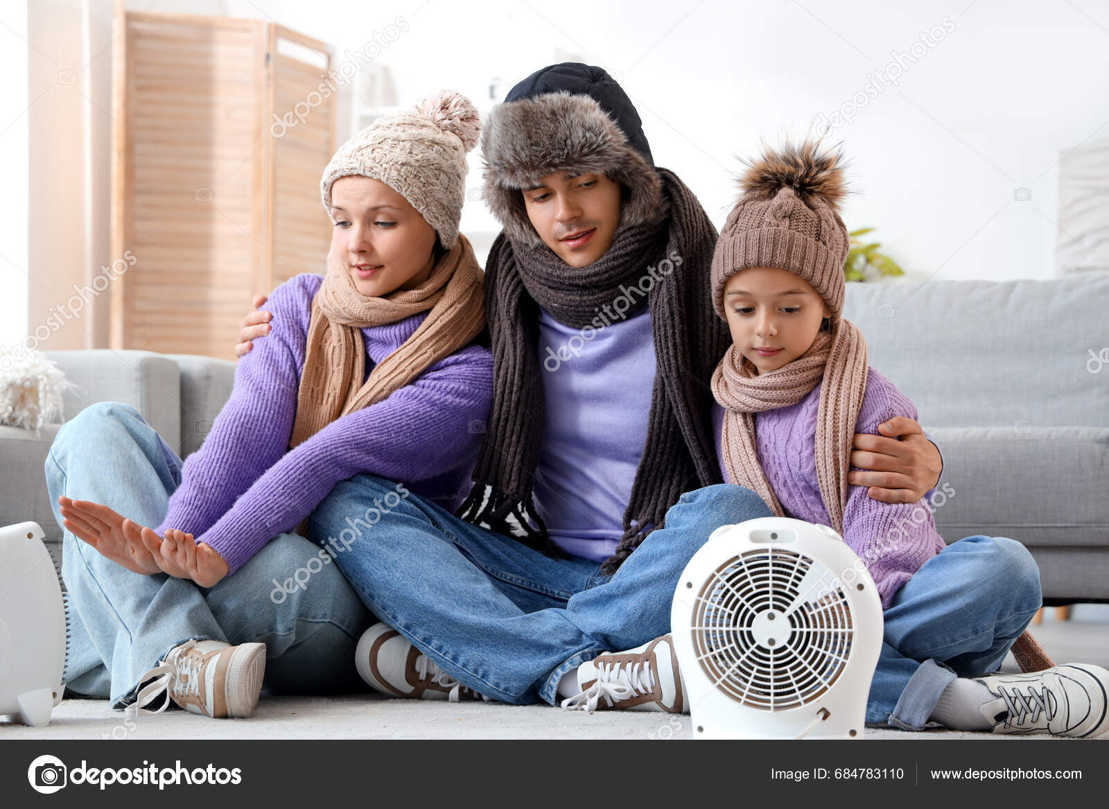 Frozen Family Winter Clothes Warming Electric Fan Heaters Home — Stock ...