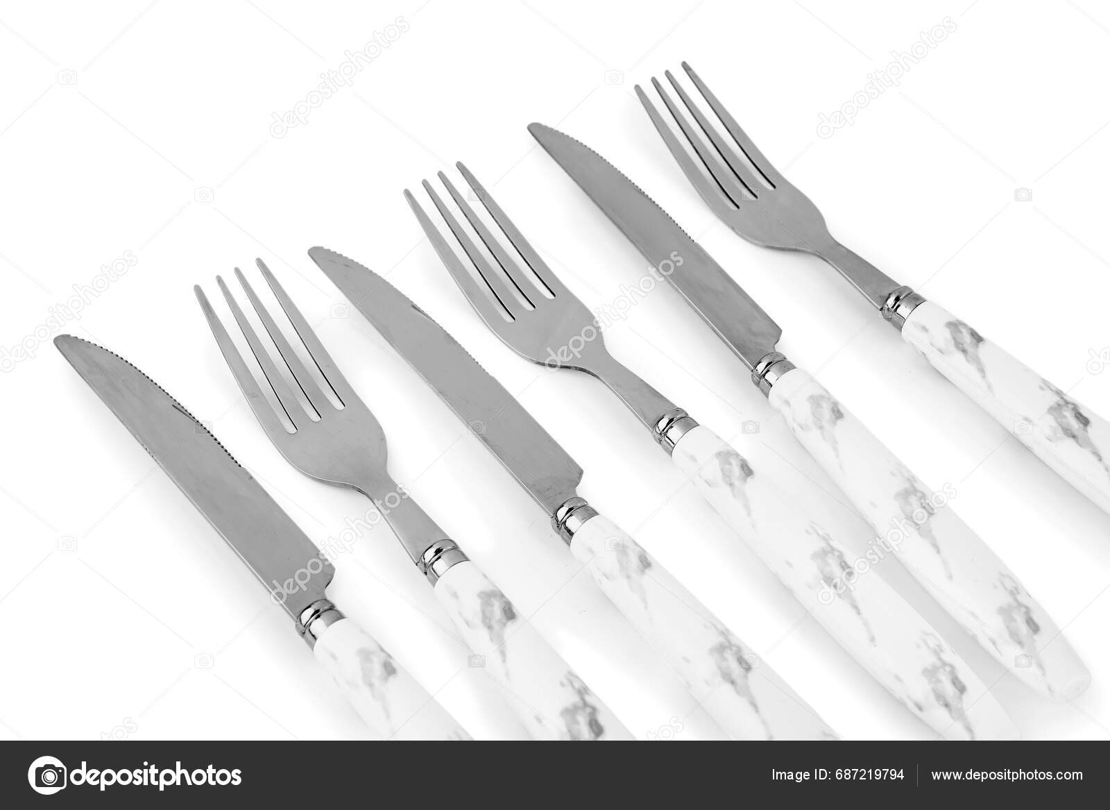 Stainless Steel Forks Knives Plastic Handles White Background — Stock ...