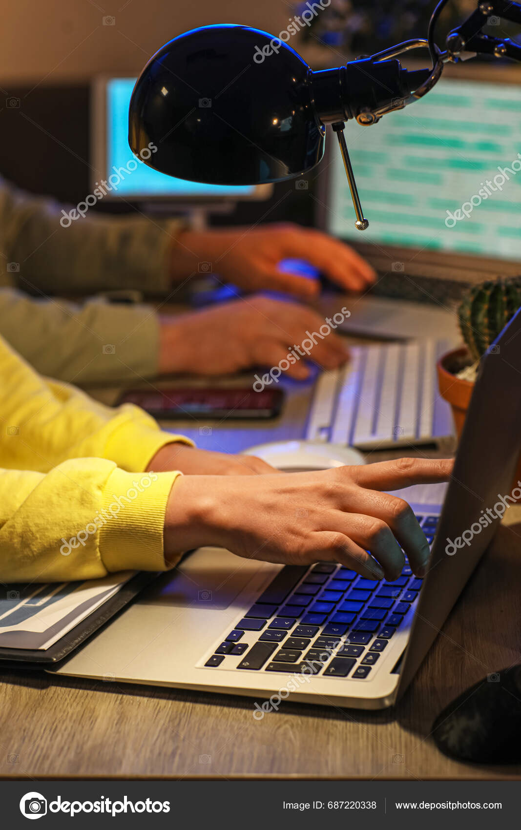 Female Programmer Working Laptop Office Night Closeup — Stock Photo ...