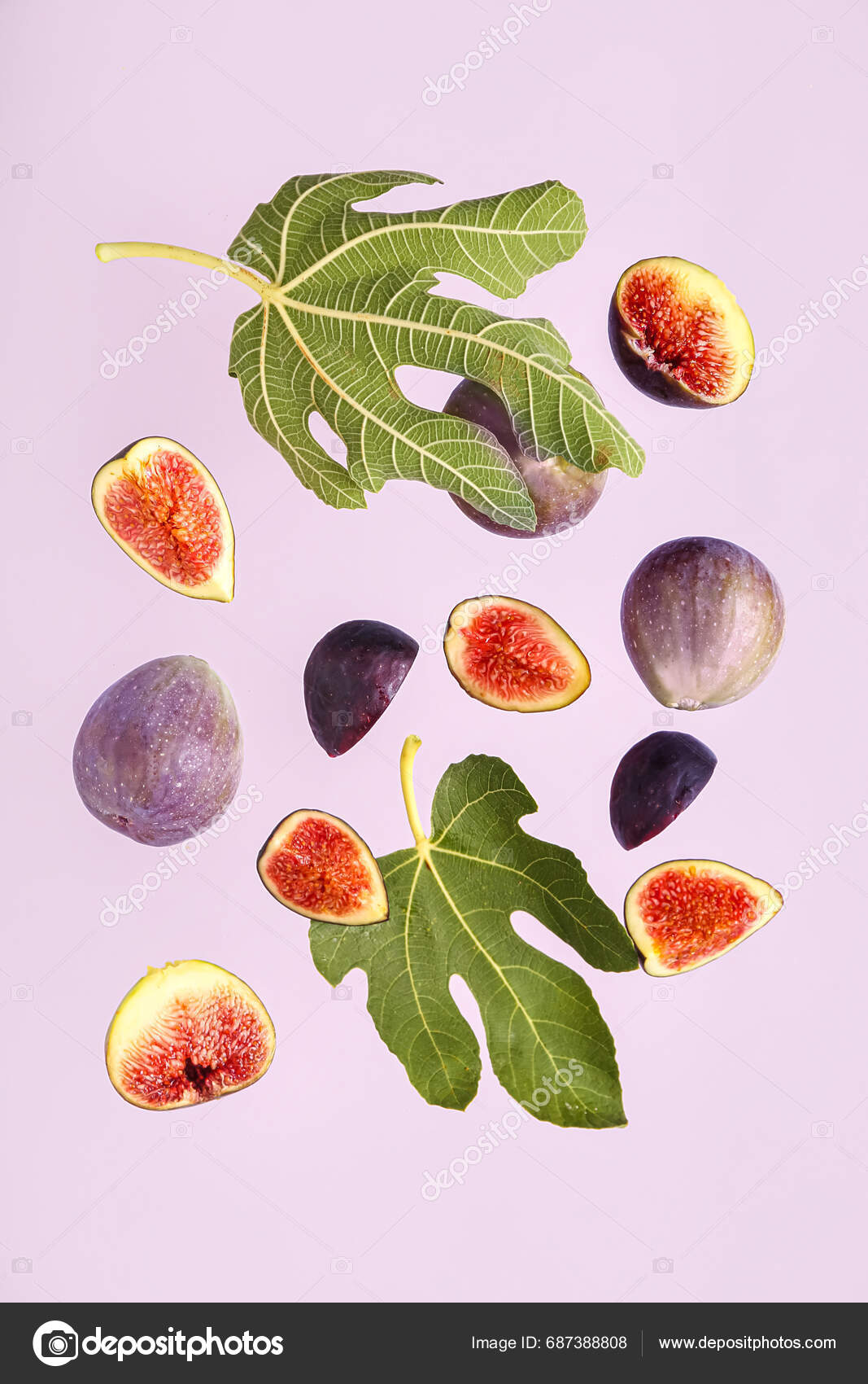 Fresh Ripe Figs Leaves Lilac Background Stock Photo by ©serezniy 687388808