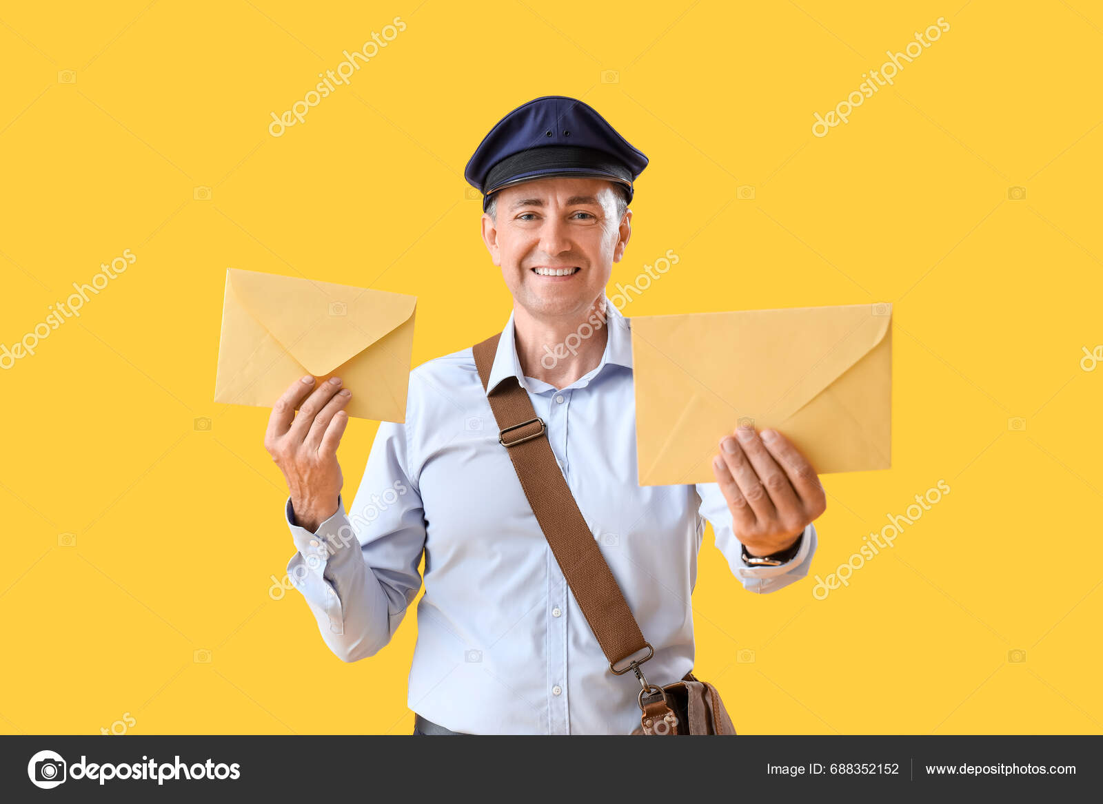 Mature Postman Envelopes Yellow Background Stock Photo by ©serezniy ...