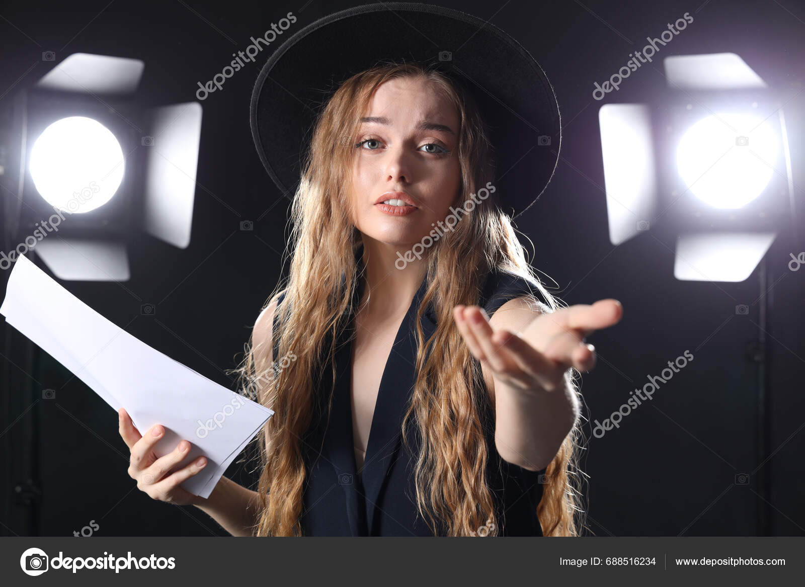 Beautiful Actress Film Script Dark Background — Stock Photo © serezniy ...