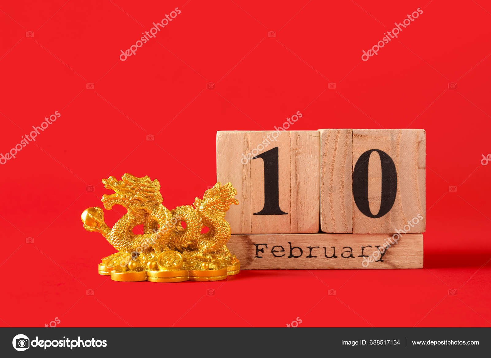 Golden Dragon Figurine Cube Calendar Date February Red Background ...