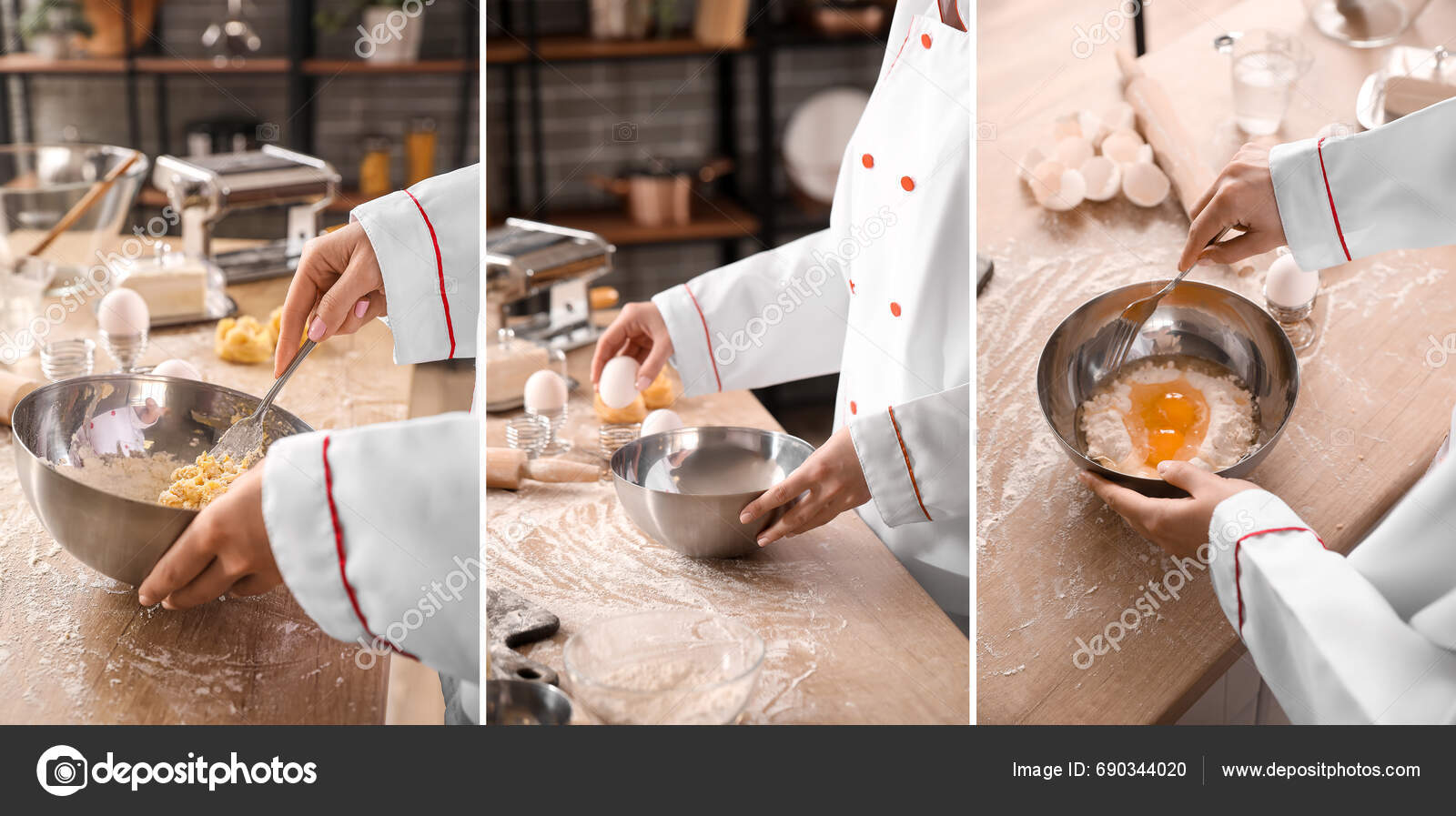 Collage Female Chef Making Pasta Table Kitchen Closeup — Stock Photo ...