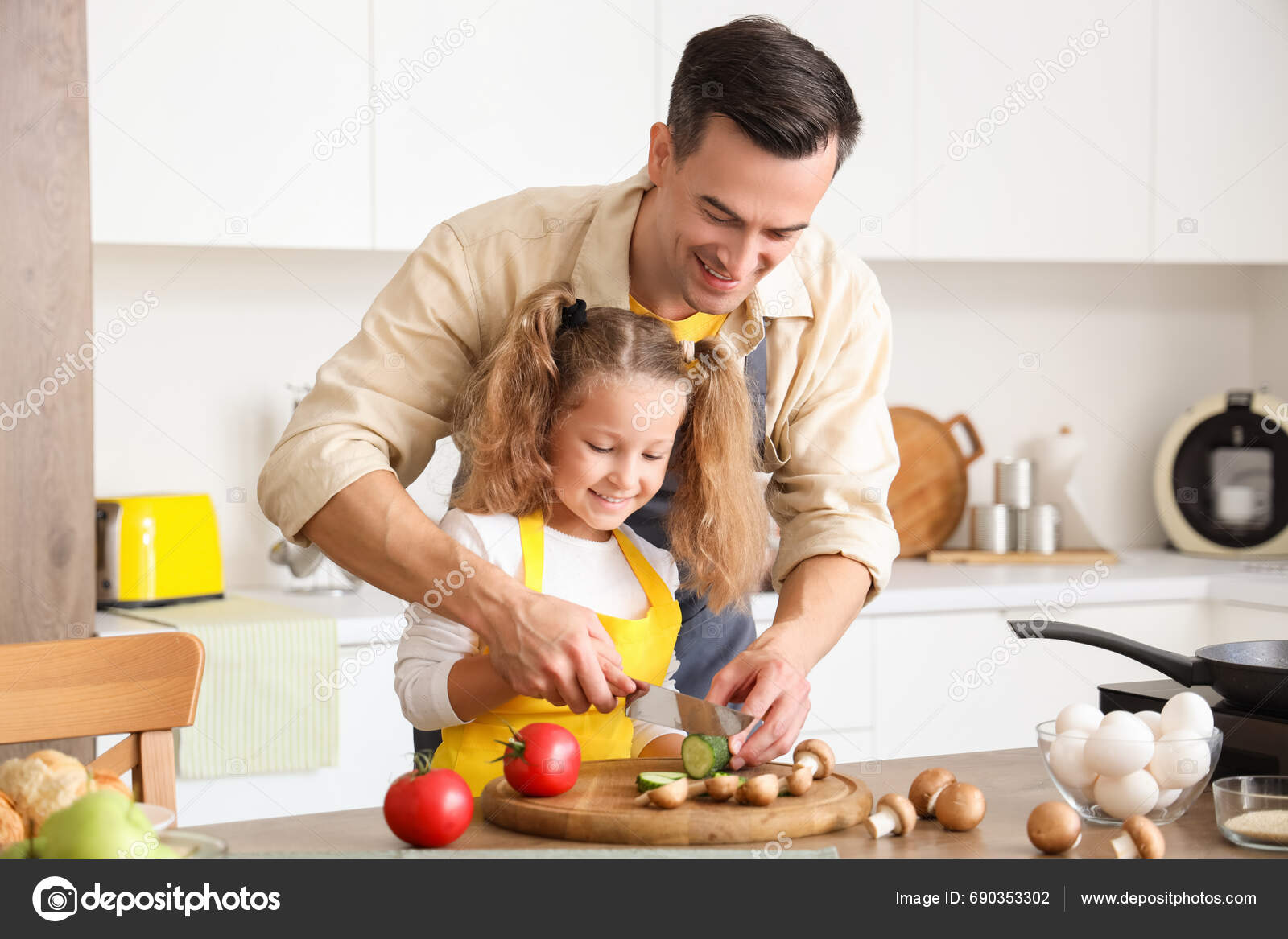 Cute Little Girl Her Dad Cutting Cucumber Kitchen Stock Photo by ... Cute Little Girl Her Dad Cutting Cucumber Kitchen Stock Photo by ...