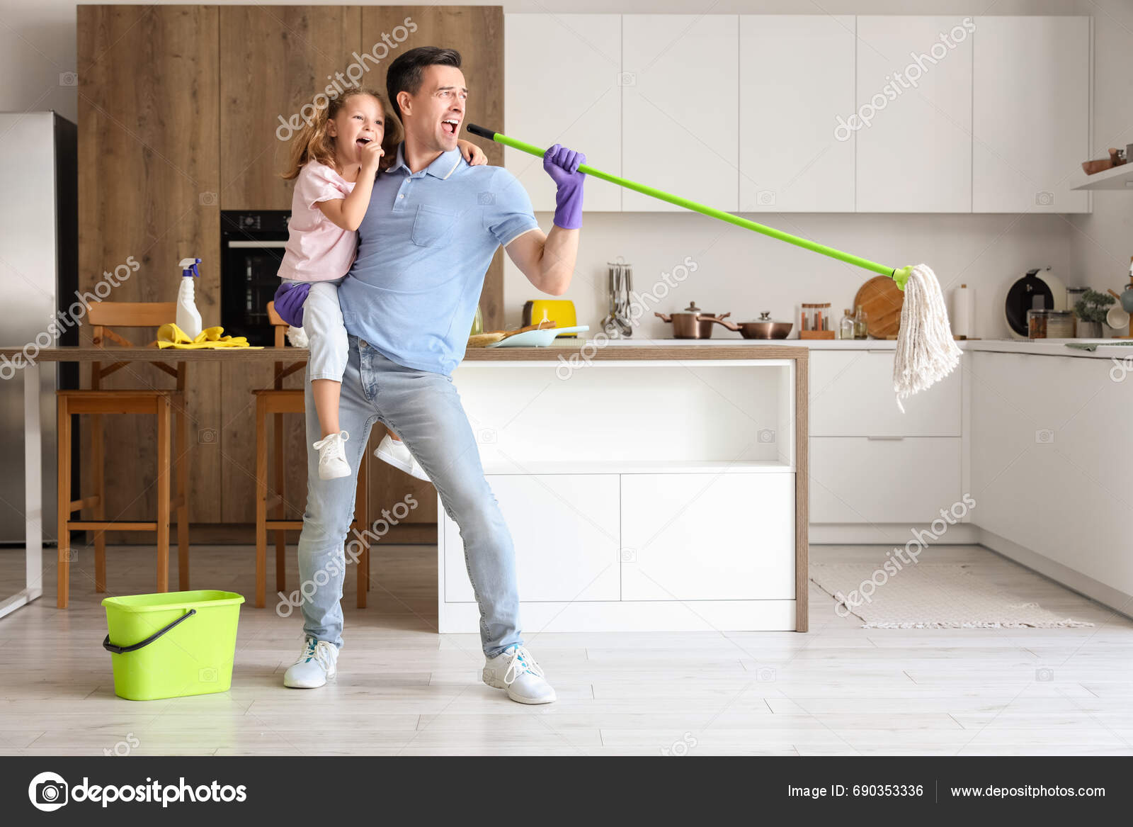 Cute Little Girl Her Dad Singing While Mopping Floor Kitchen Stock ... Cute Little Girl Her Dad Singing While Mopping Floor Kitchen Stock ...