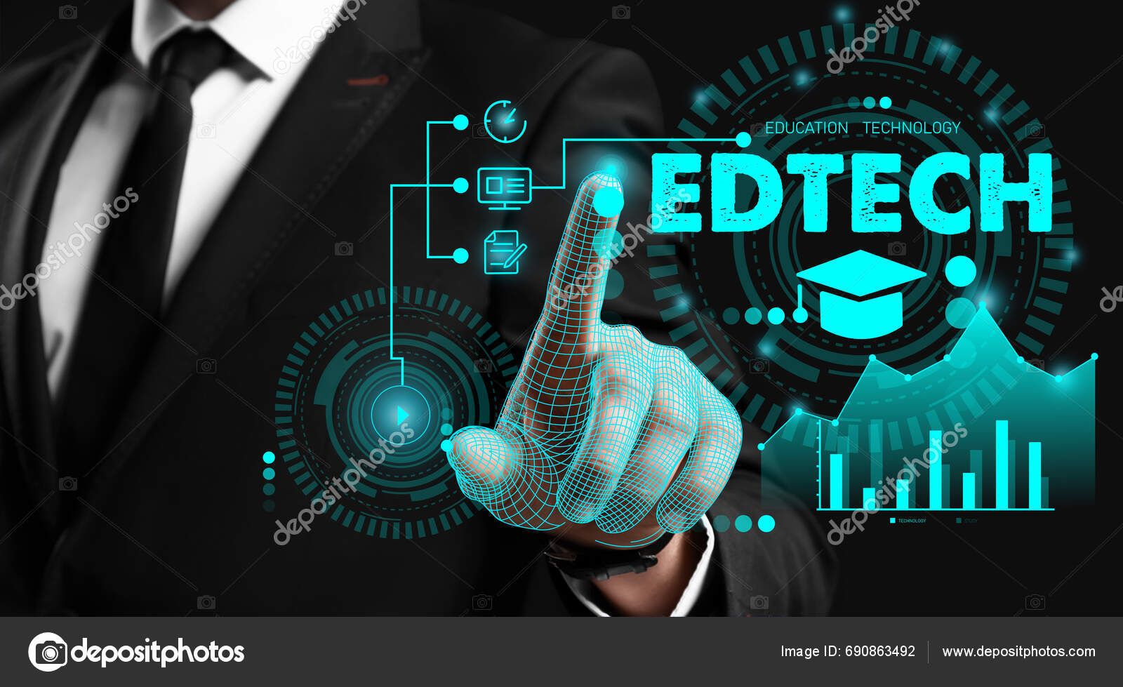 Man Using Virtual Screen Text Edtech Dark Background — Stock Photo ...