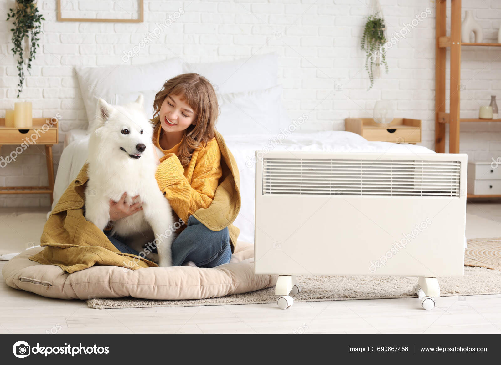 Young Woman Cute Dog Warming Radiator Bedroom — Stock Photo © serezniy ...
