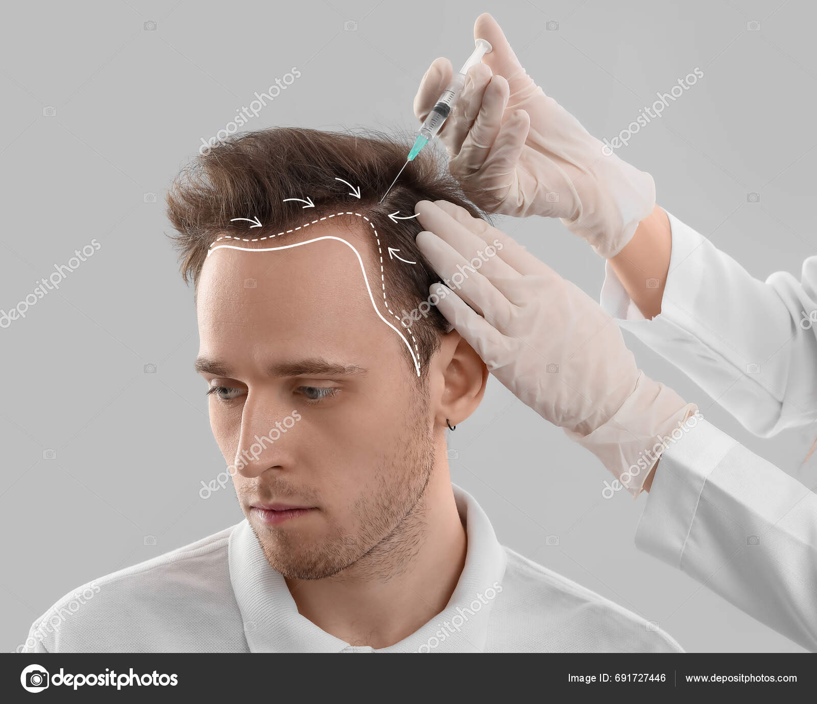 Young Man Receiving Injection Hair Growth Grey Background — Stock Photo ...