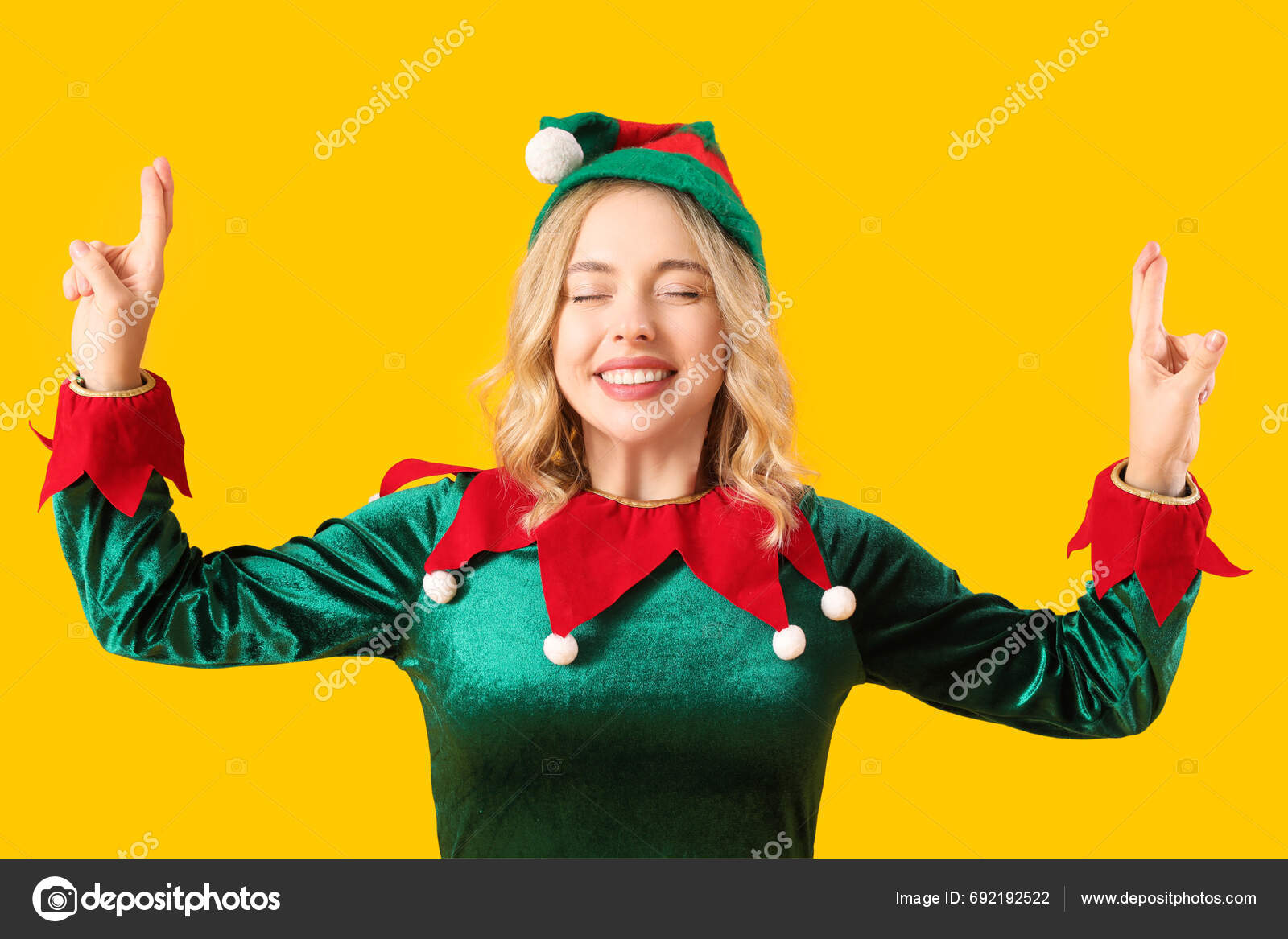 Beautiful Young Woman Dressed Elf Making Wish Yellow Background — Stock ...
