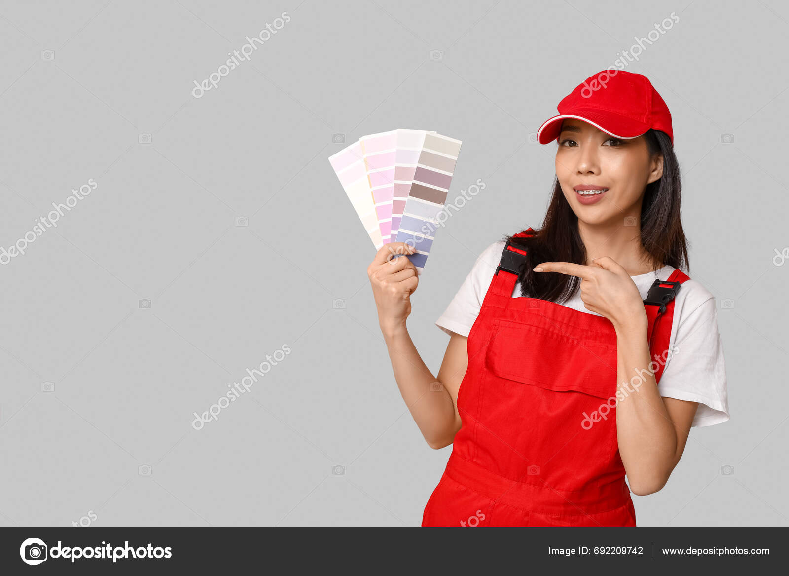 Female Asian Painter Pointing Paint Color Palettes Grey Background ...