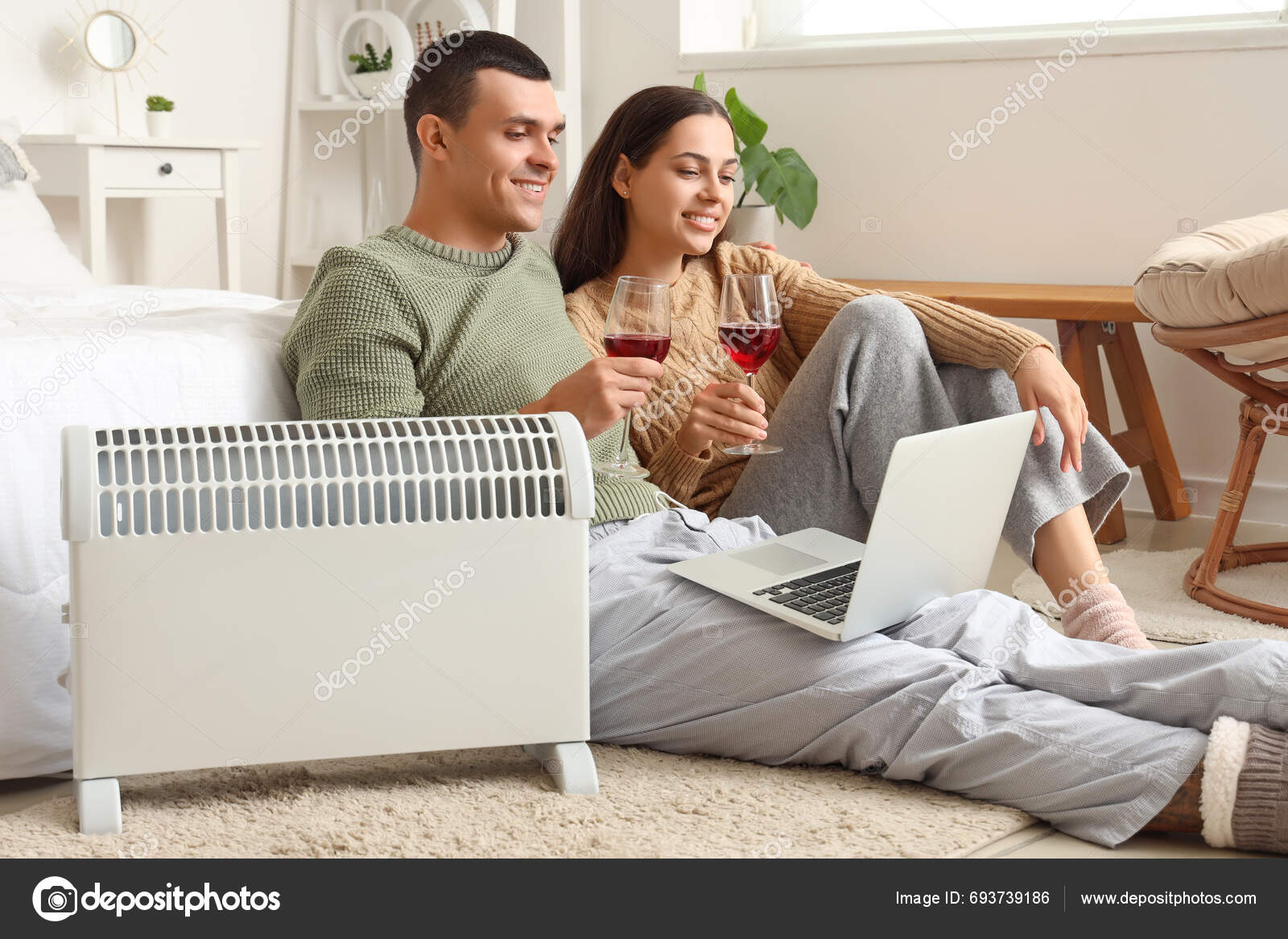 Young Couple Wine Laptop Warming Radiator Bedroom — Stock Photo ...