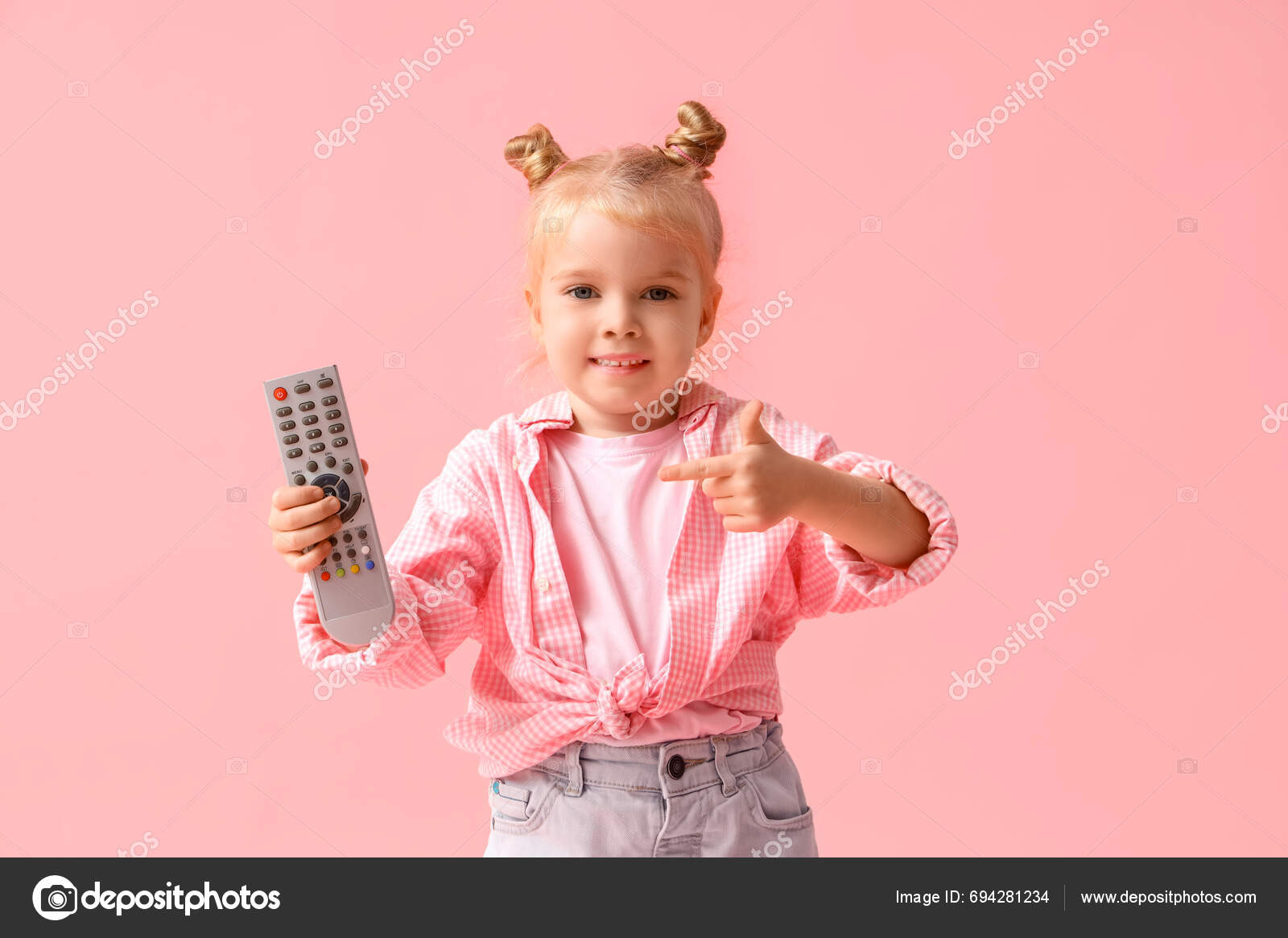 Little Girl Pointing Remote Control Pink Background — Stock Photo ...