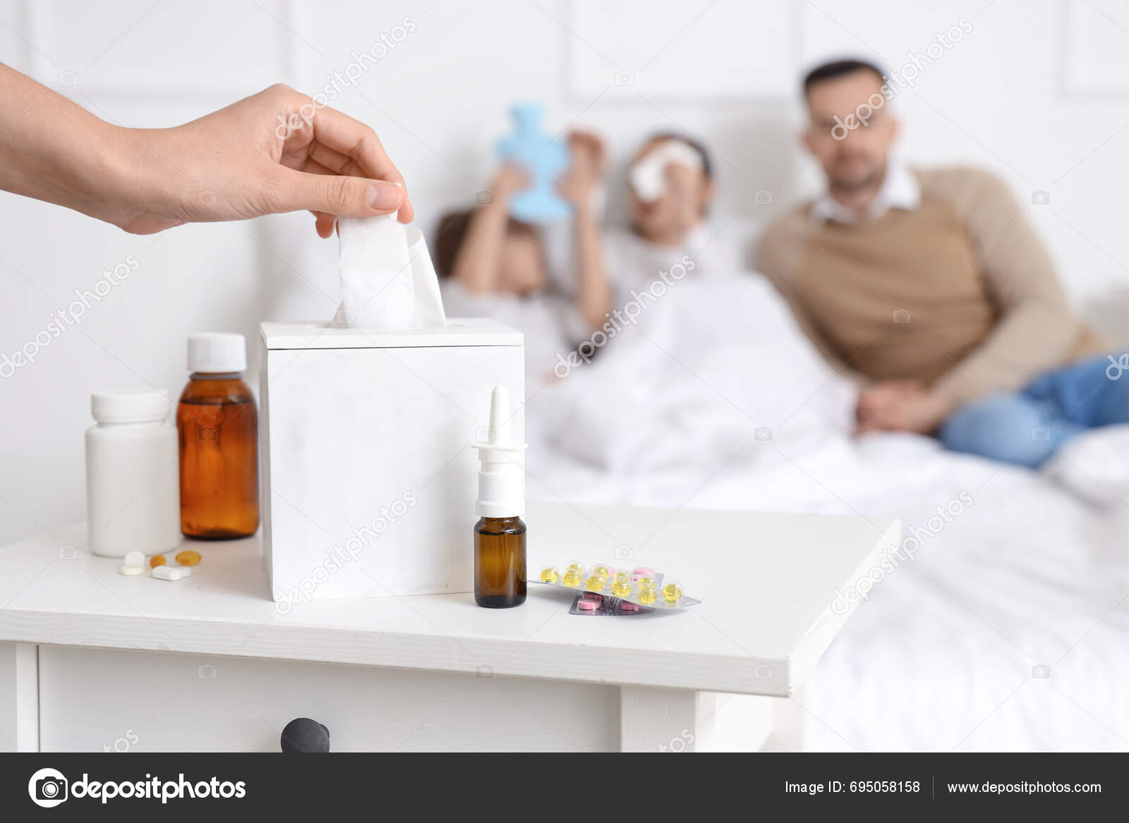 Ill Mother Taking Tissue Box Bedroom Closeup — Stock Photo © serezniy ...