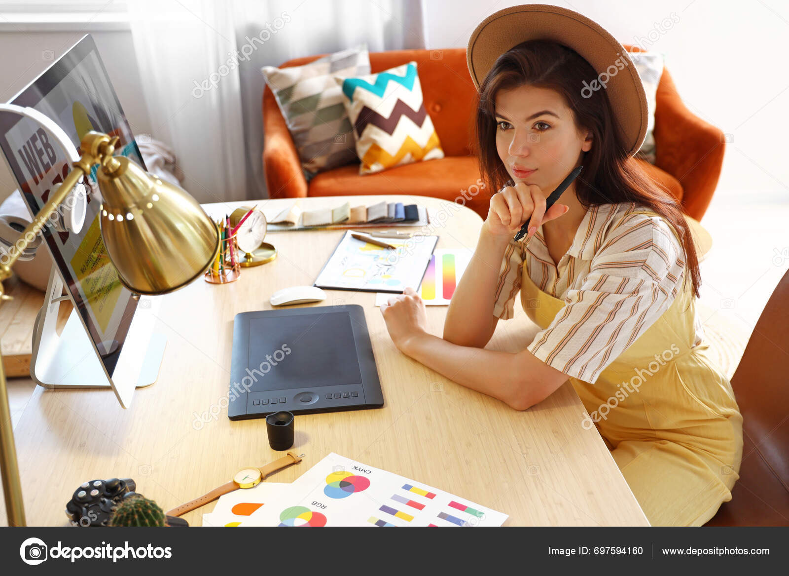 Thoughtful Female Interior Designer Working Table Office — Stock Photo ...