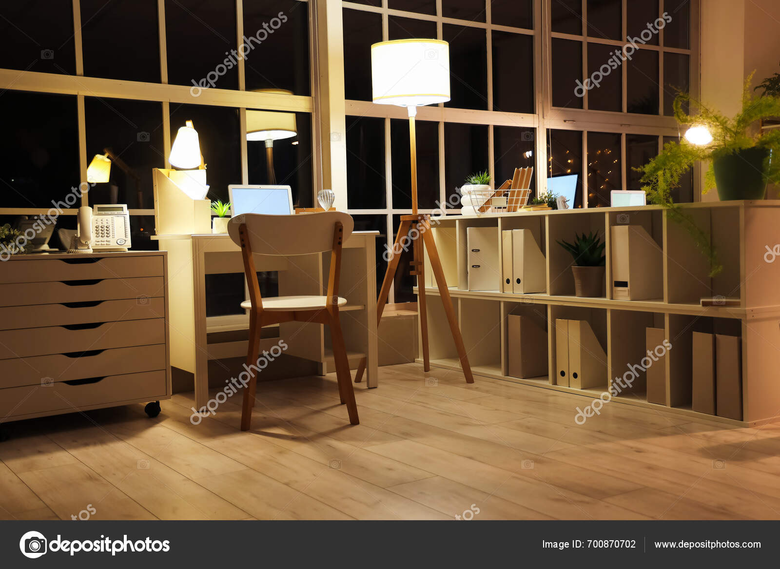 Interior Office Workplace Shelf Unit Glowing Lamps Night — Stock Photo ...