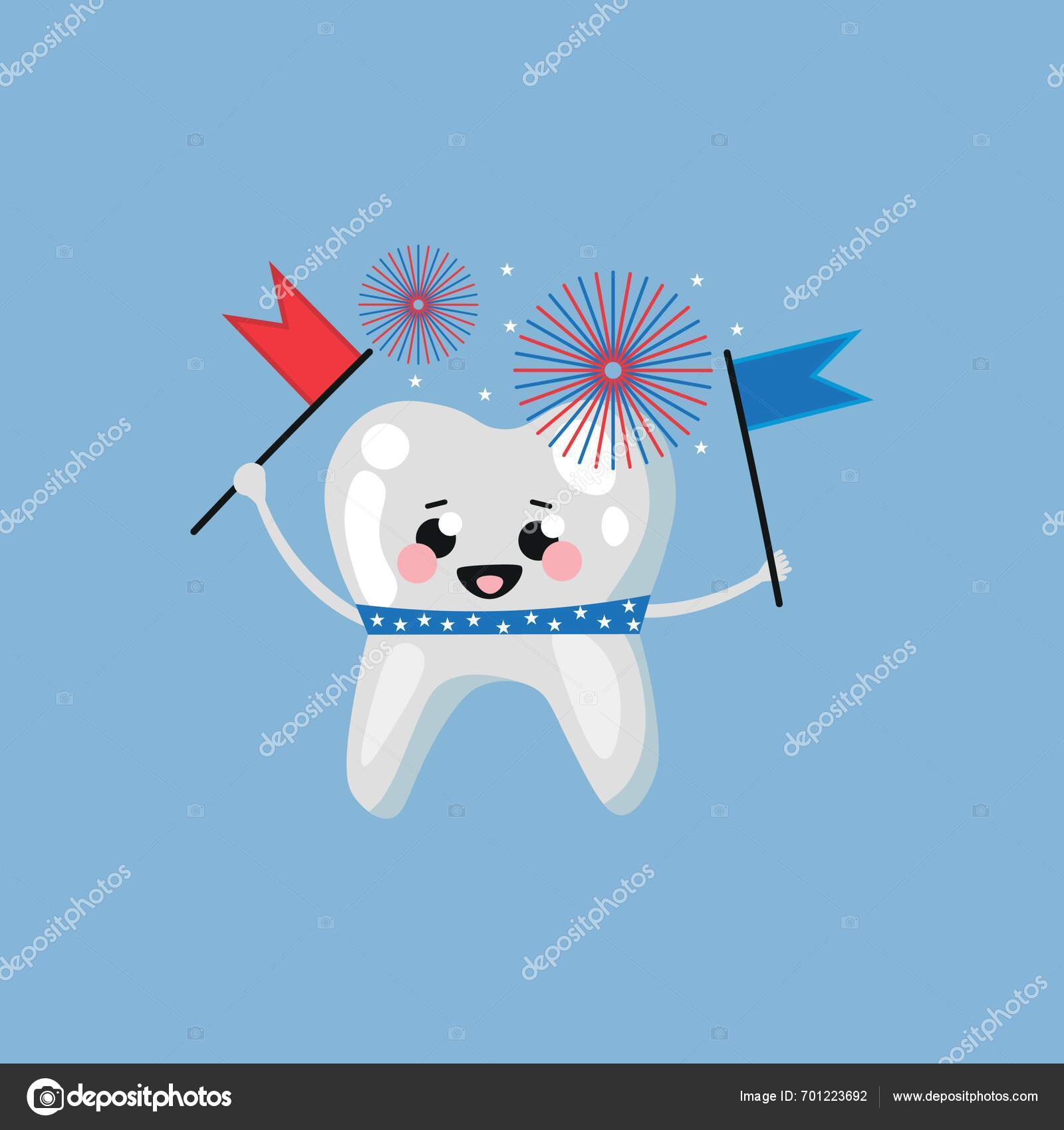 Cute Human Tooth Flags Fireworks Blue Background Stock Vector by ...