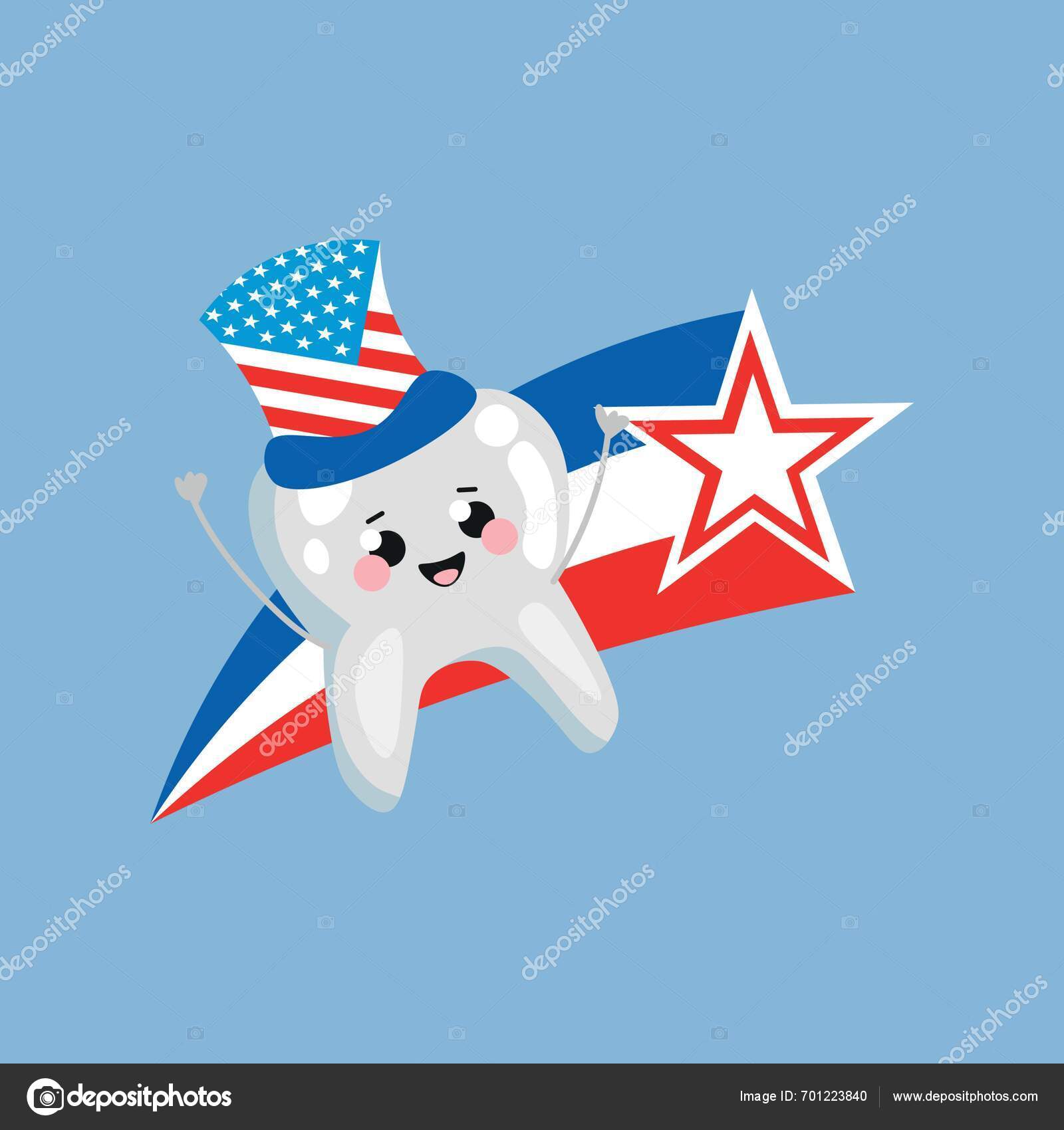 Cute Tooth Star Top Hat Colors Usa Flag Blue Background Stock Vector by ...