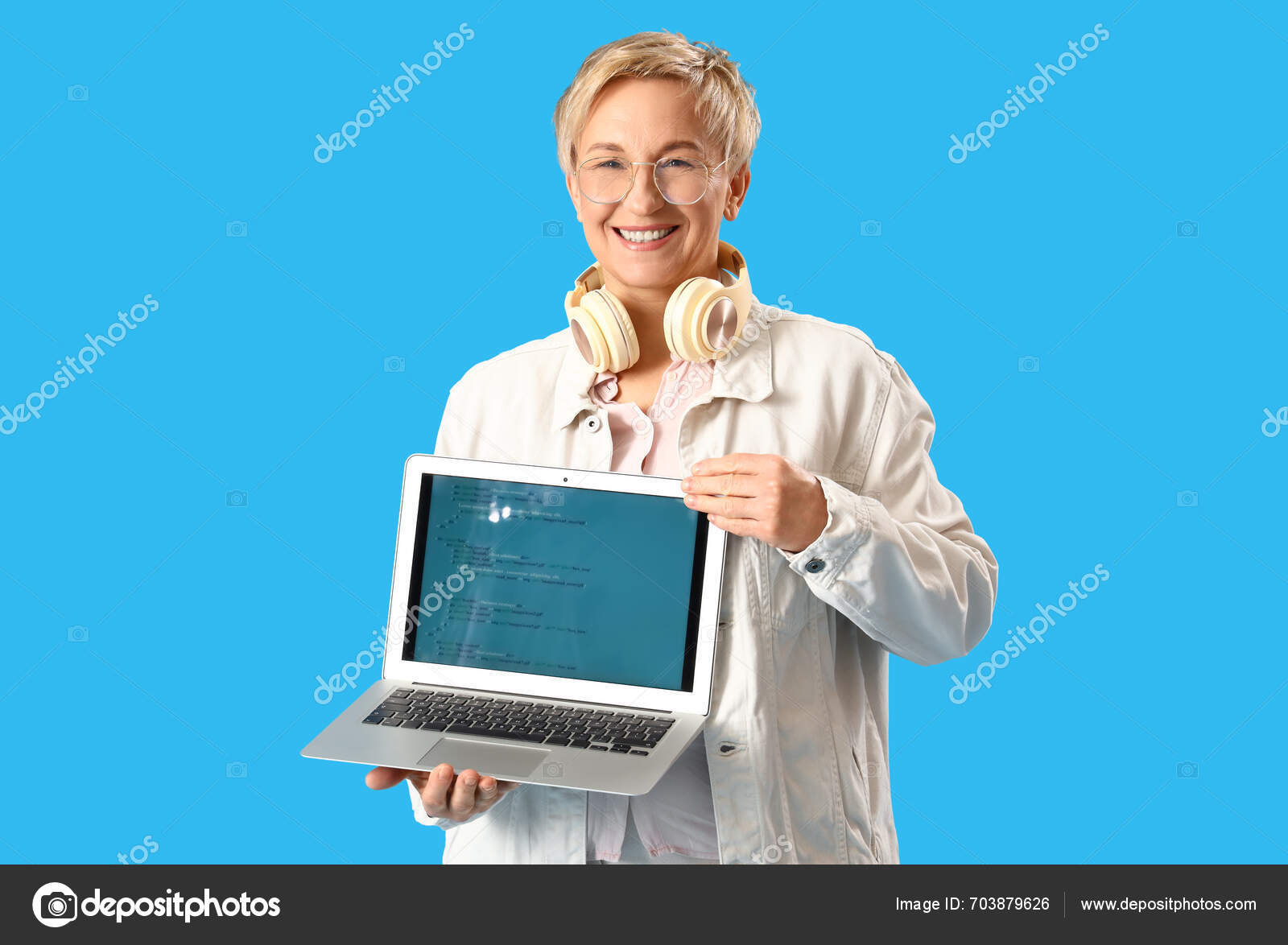Mature Female Programmer Laptop Blue Background — Stock Photo ...