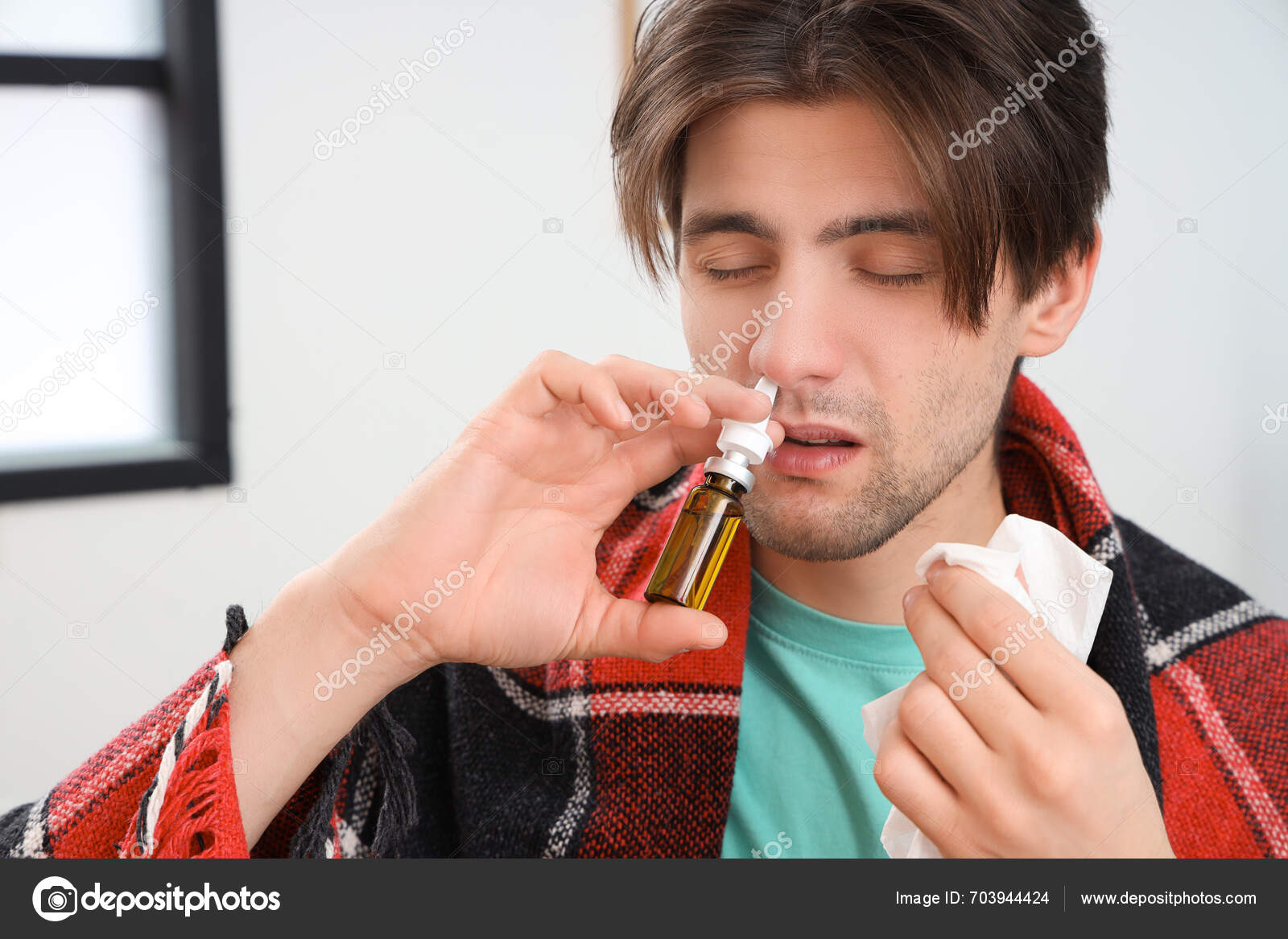 Sick Young Man Tissue Using Nasal Drops Home Closeup — Stock Photo ...