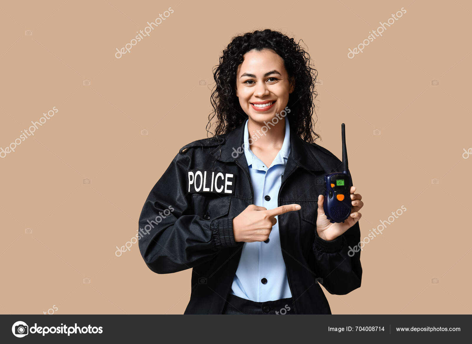 Beautiful Young Happy African American Policewoman Pointing Radio ...