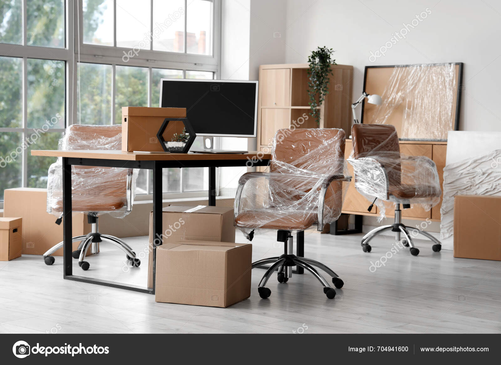 Interior Modern Office Chairs Wrapped Stretch Film Cardboard Boxes ...